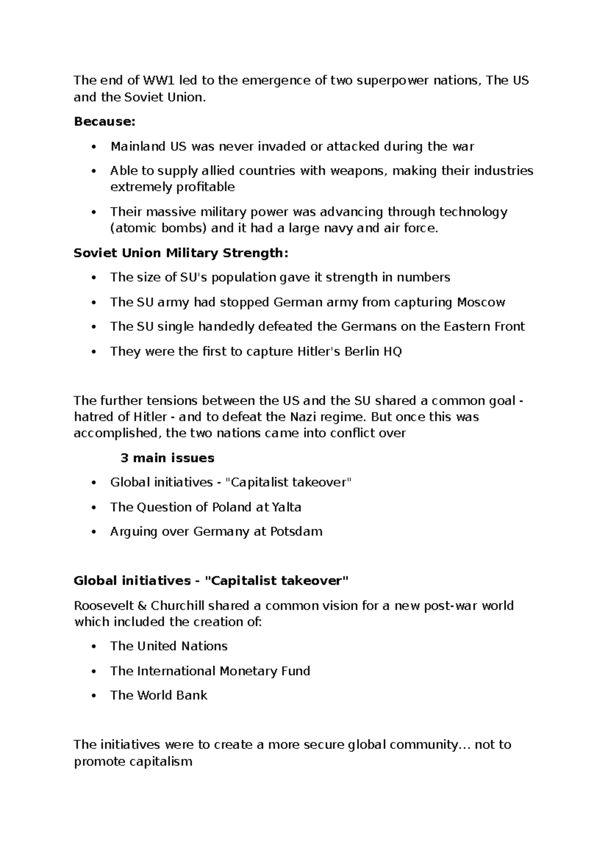 History - Cold War Notes - The end of WW1 led to the emergence of two ...