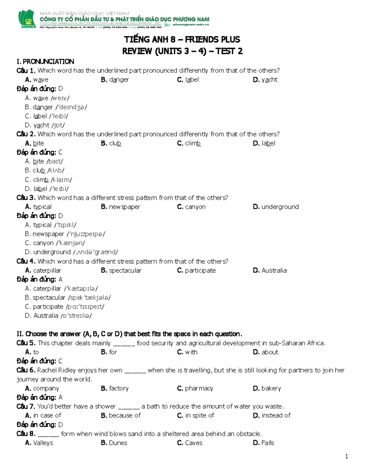 Tieng Anh 8 Friends Plus - Review 3&4 - Test 2 (key) - TI ẾNG ANH 8 ...
