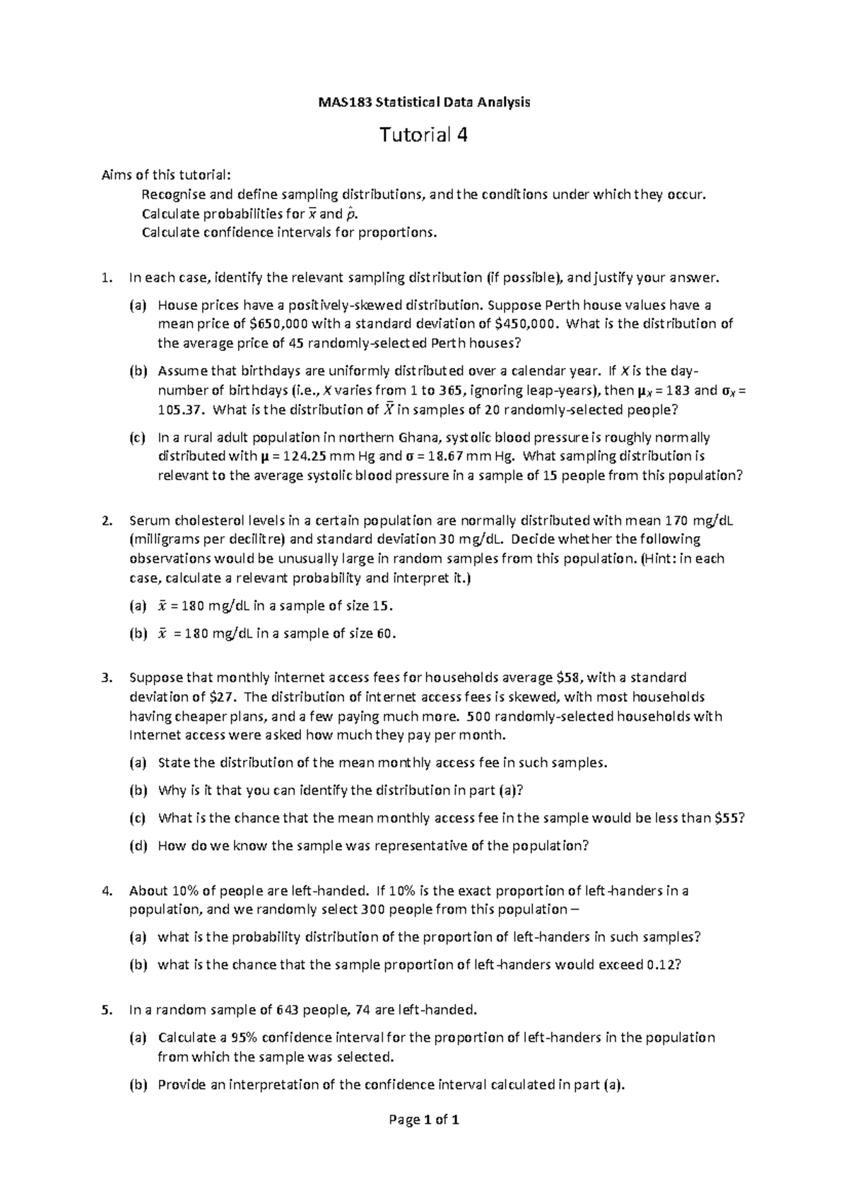 Tut 4 Tutorial Questions Page 1 Of 1 Mas183 Statistical Data
