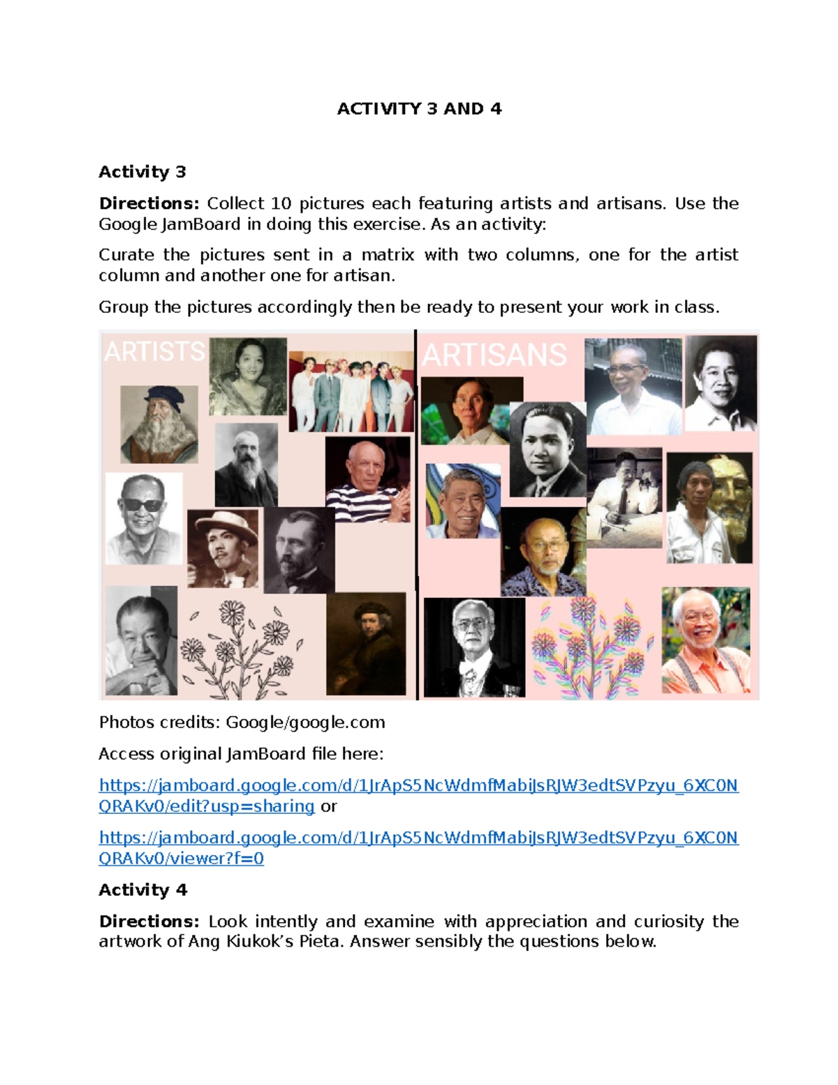 Art Appreciation Activities - ACTIVITY 3 AND 4 Activity 3 Directions ...