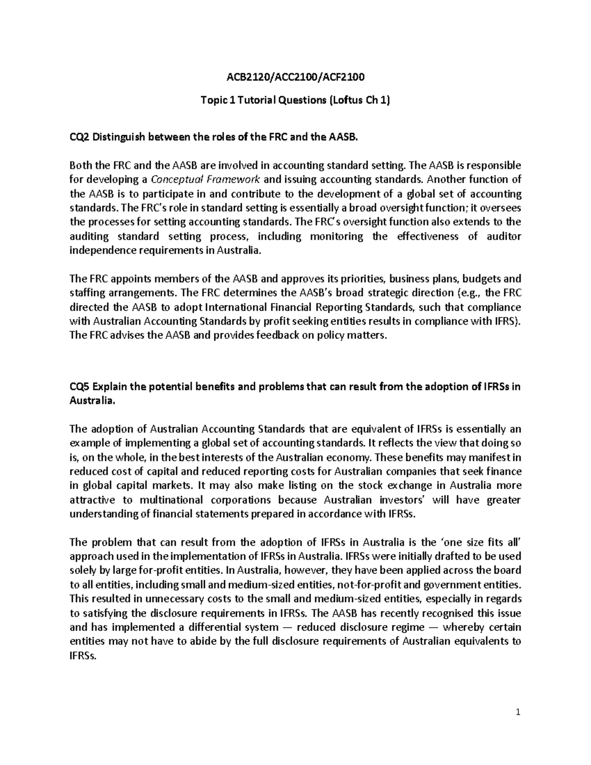 Topic 1 Tutorial Solutions - ACB2120/ACC2100/ACF Topic 1 Tutorial ...