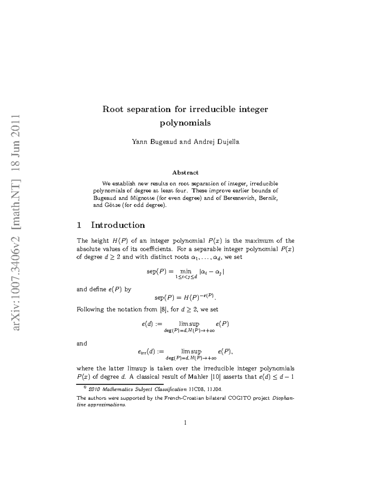 1007 - Cours - arXiv:1007 [math] 18 Jun 2011 Root separation for ...