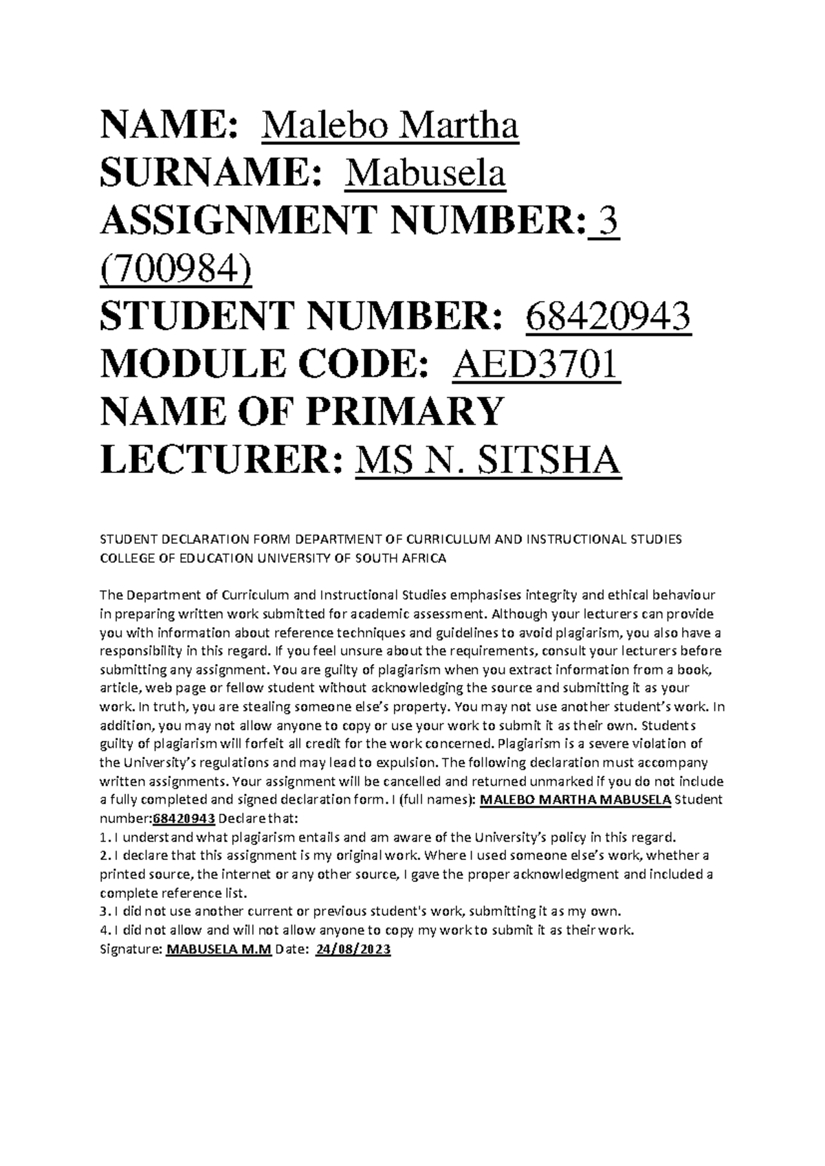 AED3701 Assignment 3 (700984) - NAME: Malebo Martha SURNAME: Mabusela ...