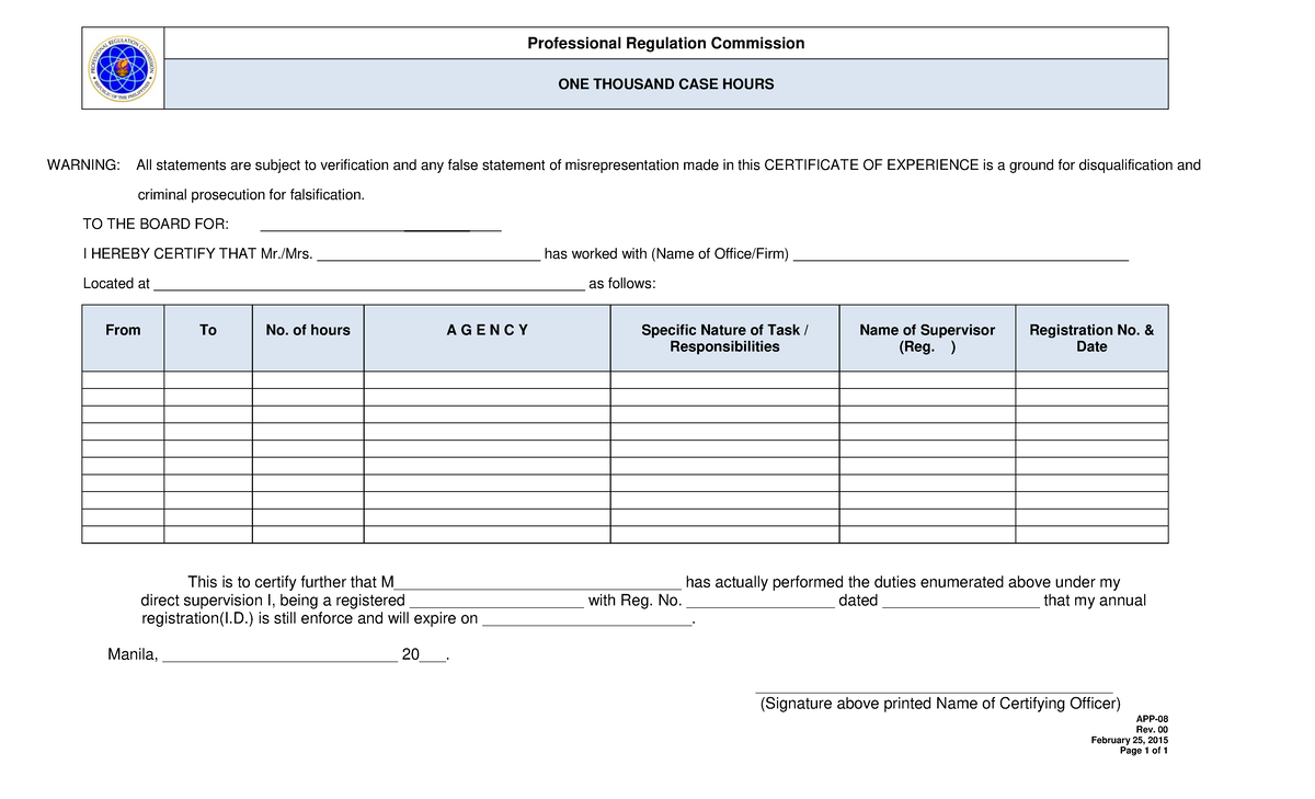 1000 Case hours - notes - Professional Regulation Commission ONE ...
