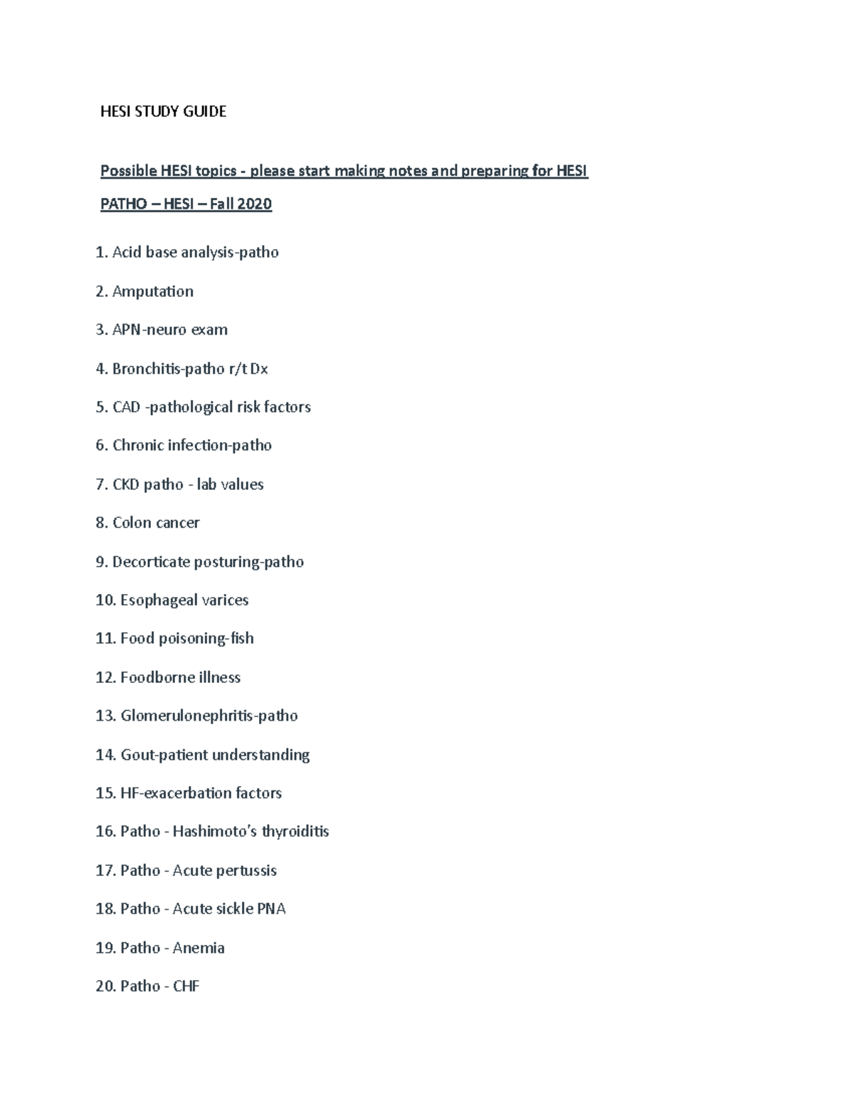 HESI Study Guide to fill out - HESI STUDY GUIDE Possible HESI topics ...
