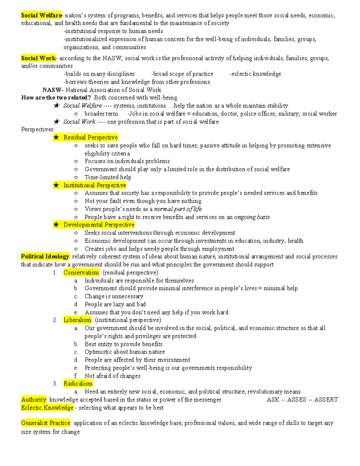 Social Work Test Sheet - Social Welfare - nation’s system of programs ...
