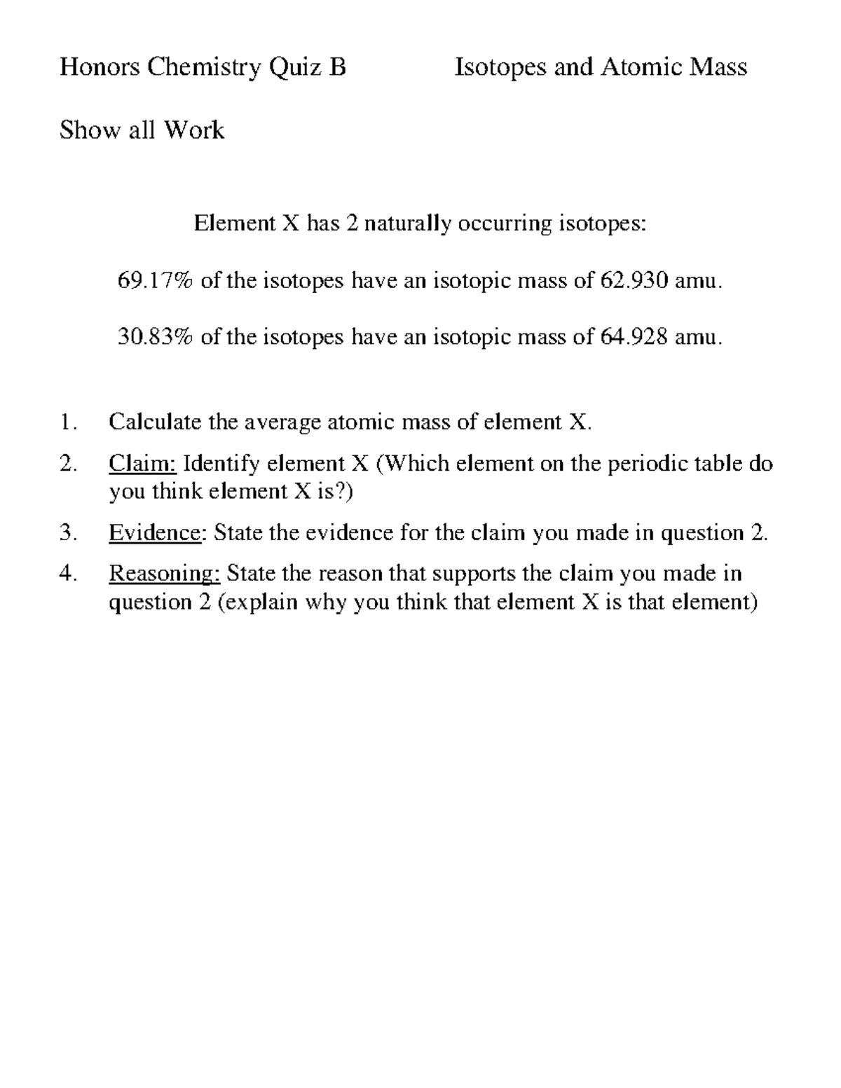Atomic Mass CERB quiz - Honors Chemistry Quiz B Isotopes and Atomic ...