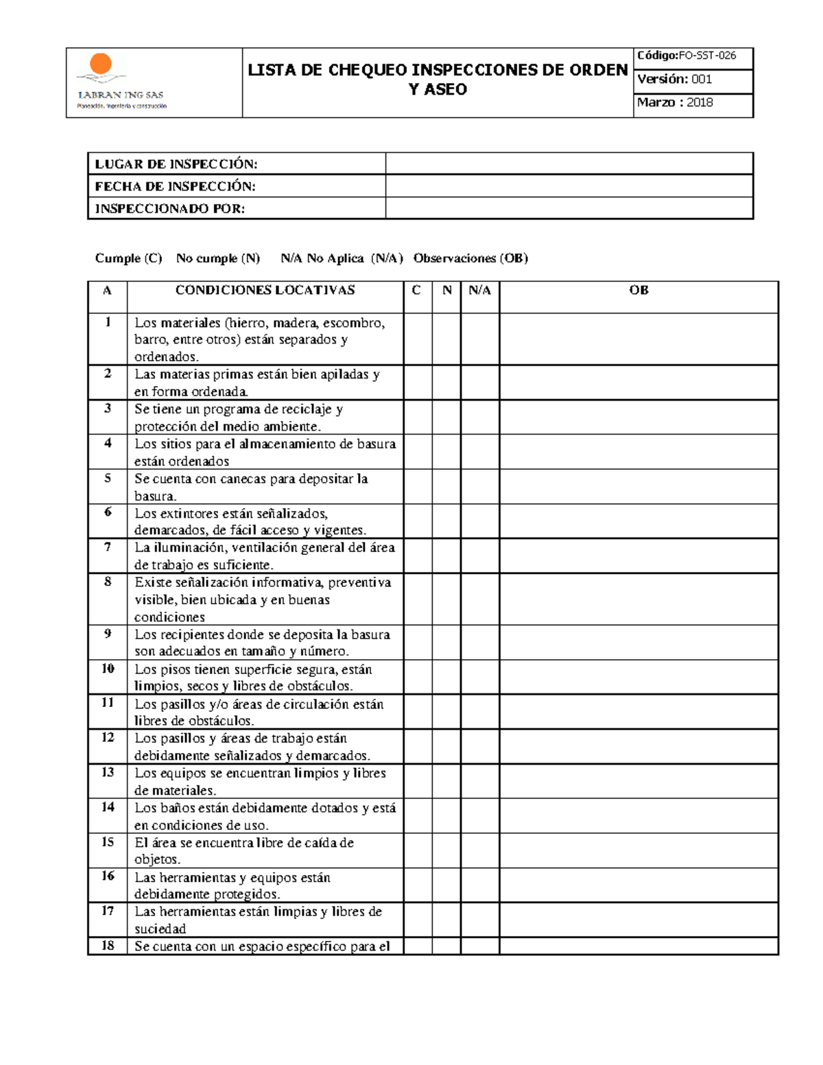 Anexo 4 Lista Chequeo - LISTA DE CHEQUEO INSPECCIONES DE ORDEN Y ASEO Código:FO-SST- Versión ...