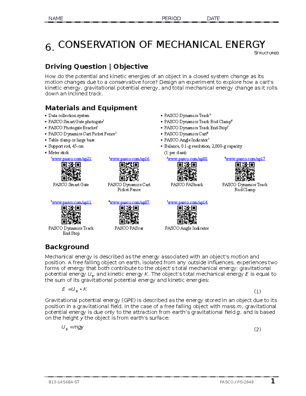 06 AP1 Conservation of Mechanical Energy S - NAME PERIOD DATE 6 ...