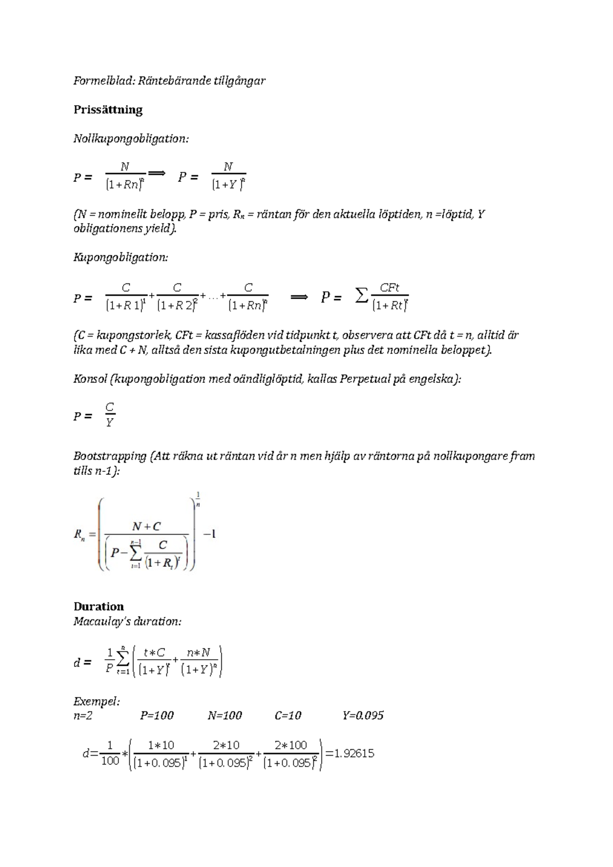 Formelblad-räntebärande-tillgångar - Formelblad: Räntebärande ...
