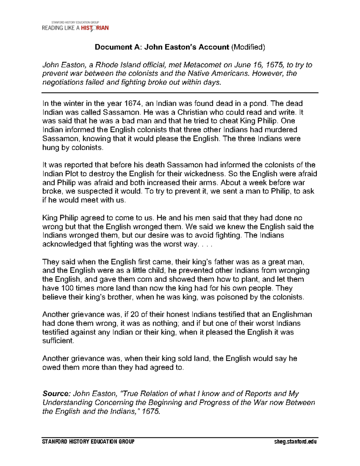 King Philips War Student Materials 0 - Document A: John Easton's ...