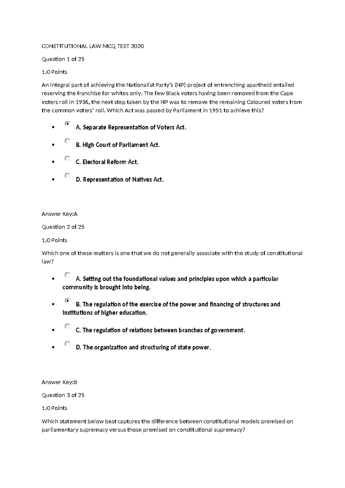 Con Law MCQ Practice with memo - CONSTITUTIONAL LAW MCQ TEST 2020 ...