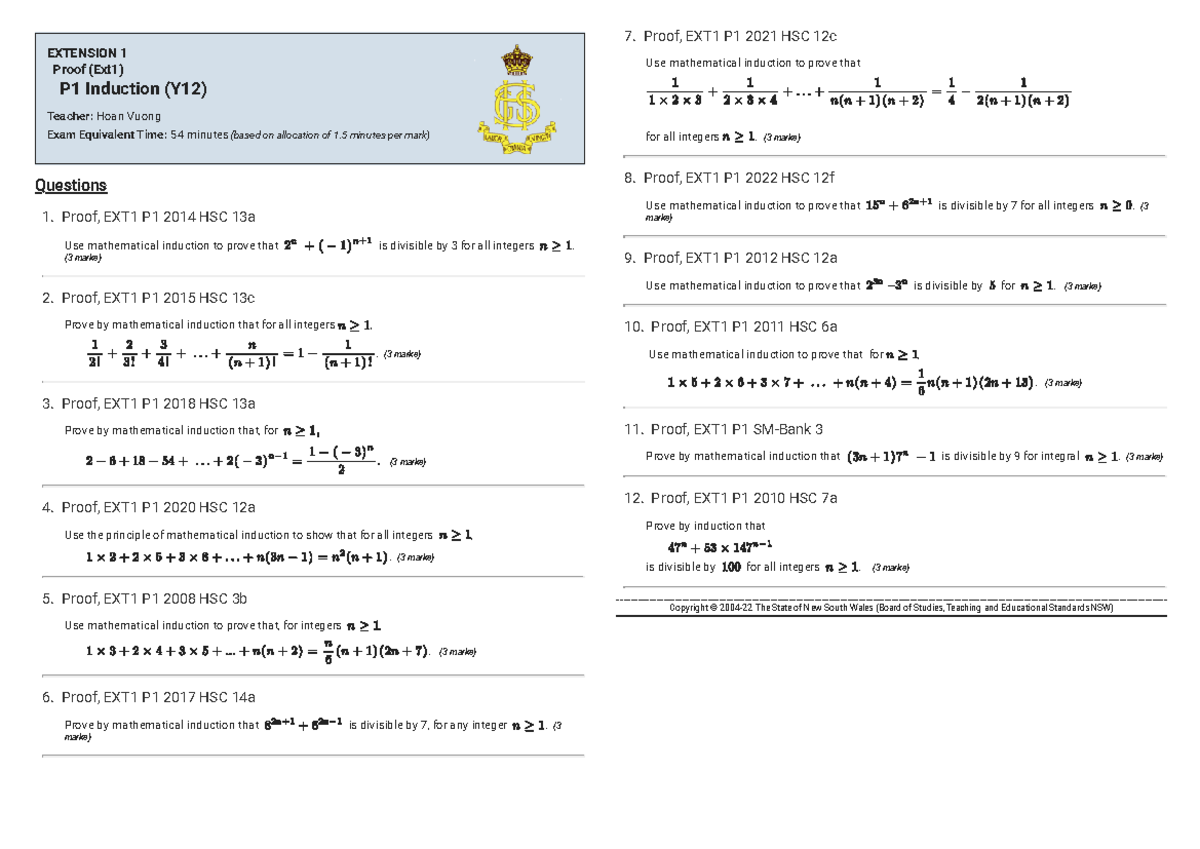 Mathematical Induction - 1. Proof, EXT1 P1 2014 HSC 13a 2. Proof, EXT1 ...