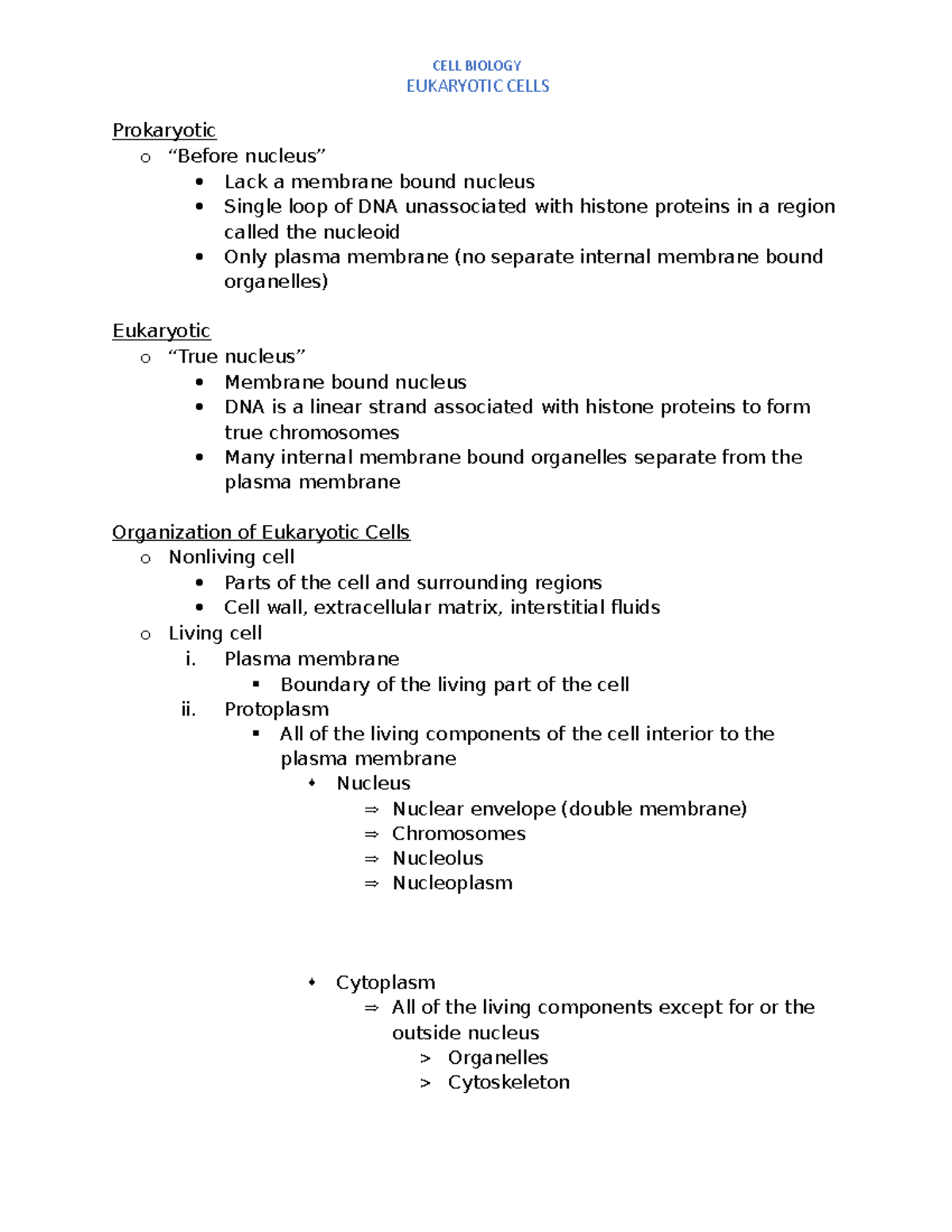 Eukaryotic cells - Lecture notes - CELL BIOLOGY EUKARYOTIC CELLS ...