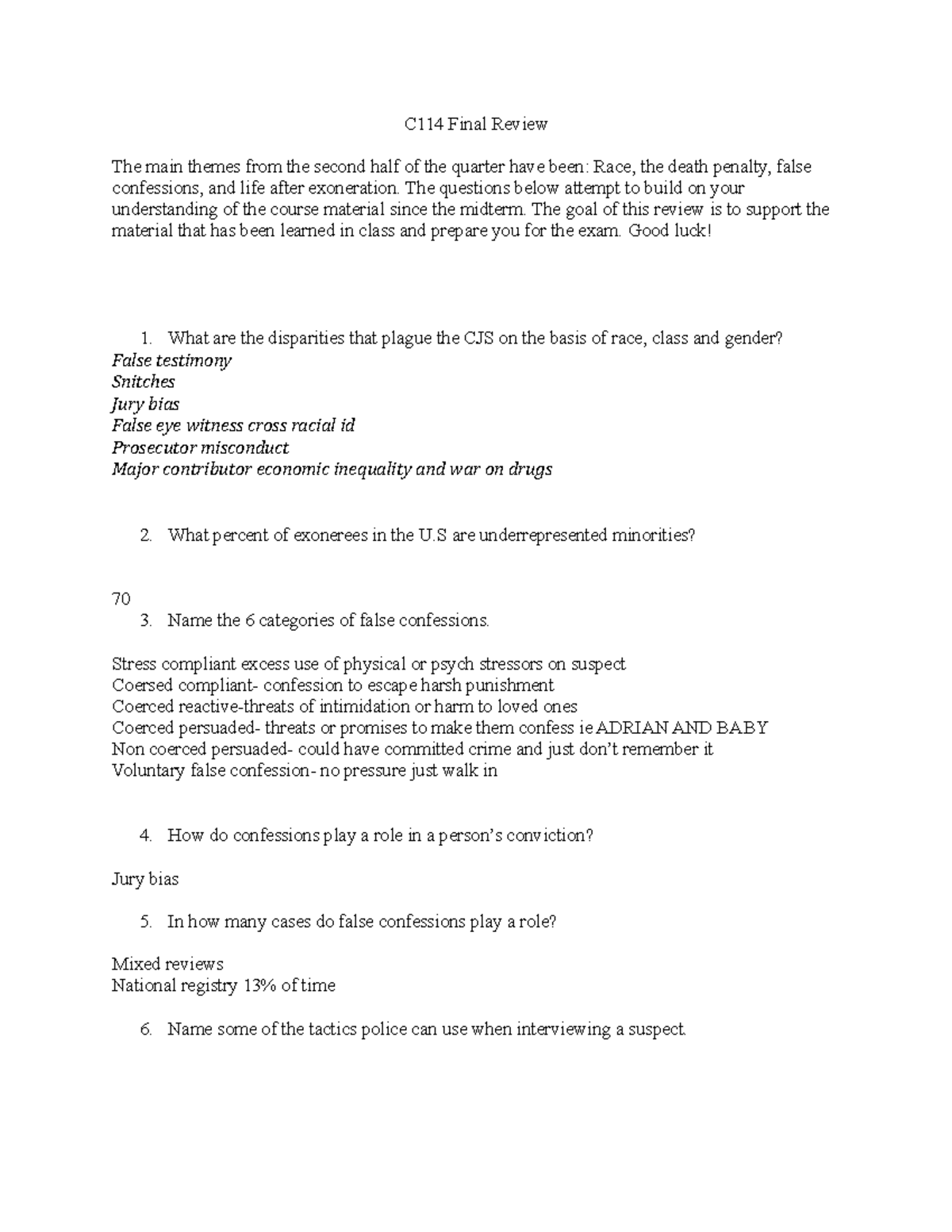 C114Final Review Sheet - C114 Final Review The main themes from the ...