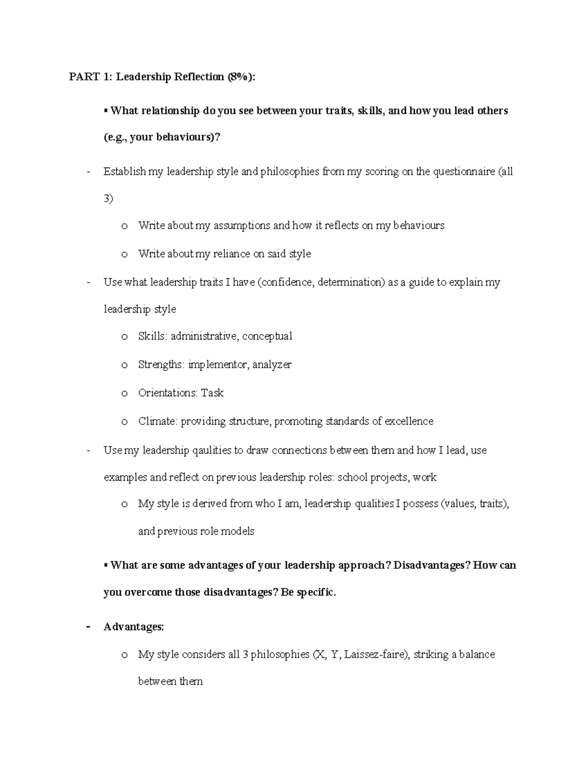 OL140 final reflection outline - PART 1: Leadership Reflection (8% ...