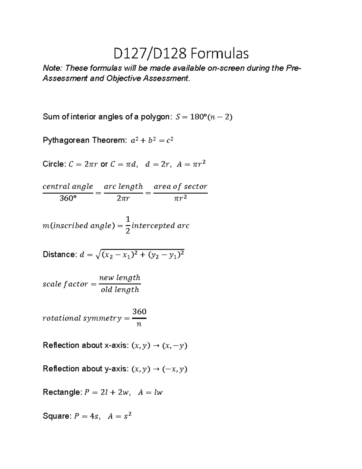 D127 D128 Formula Sheet - Updated 8-23 - D127/D128 Formulas Note: These ...