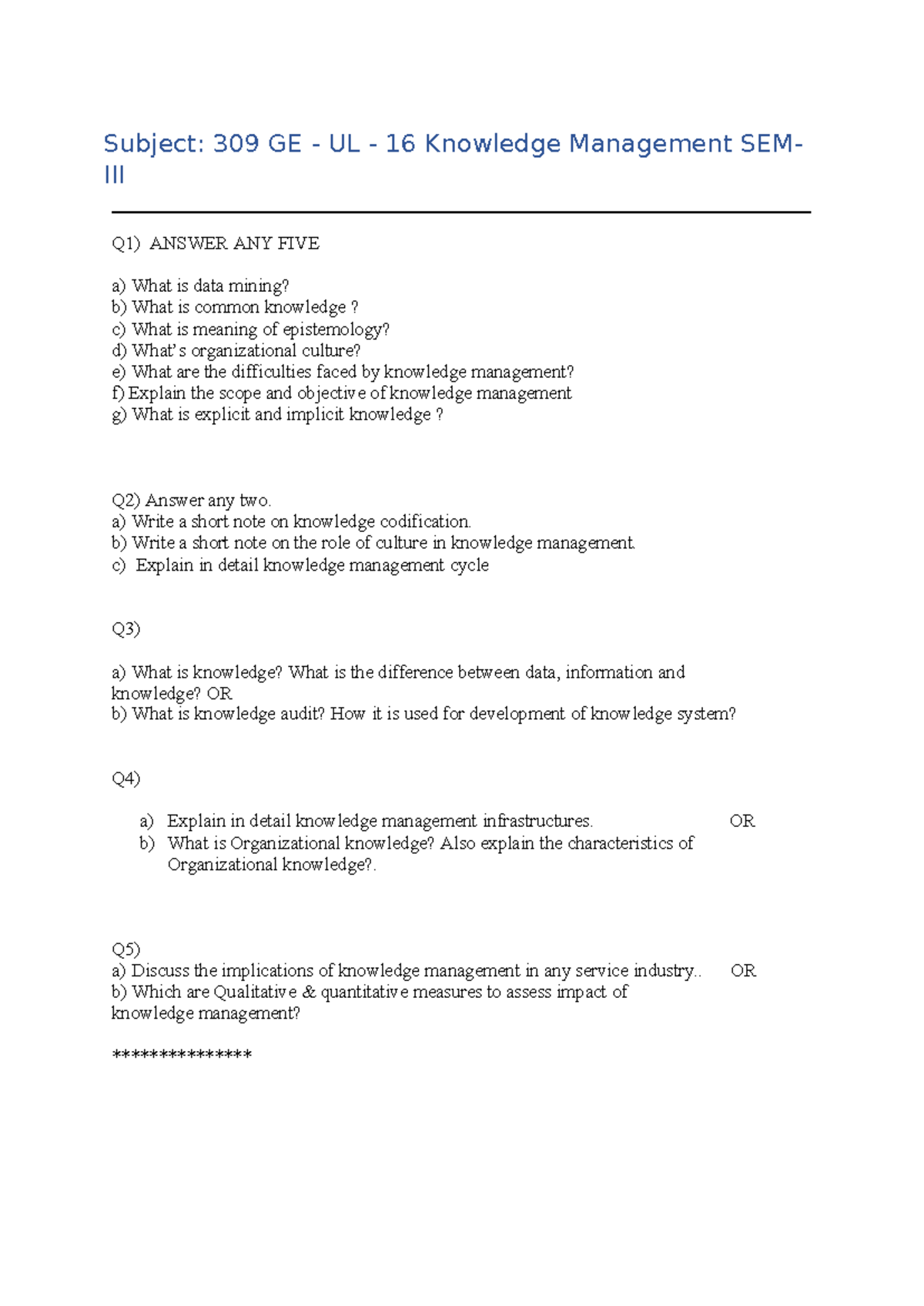 309Knowledge Management QP - Subject: 309 GE - UL - 16 Knowledge ...