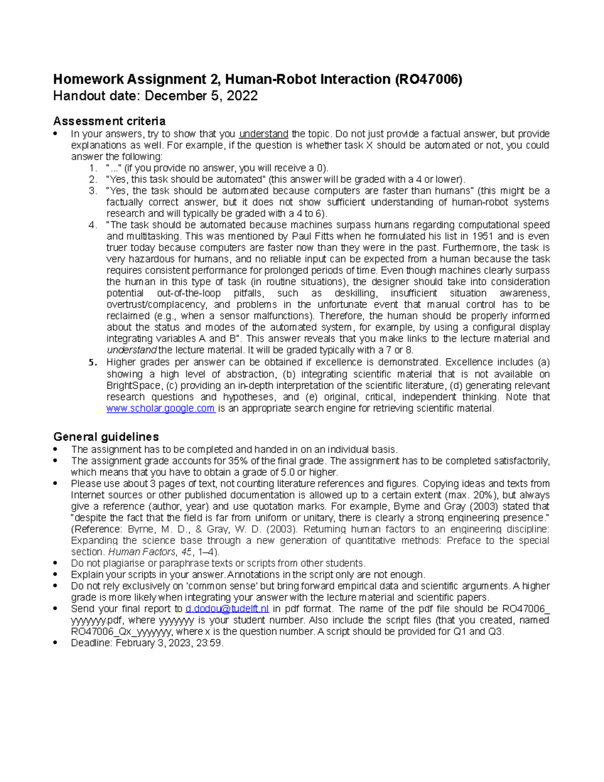 2022-2023 Assignment - Homework Assignment 2, Human-Robot Interaction (RO47006) Handout date ...