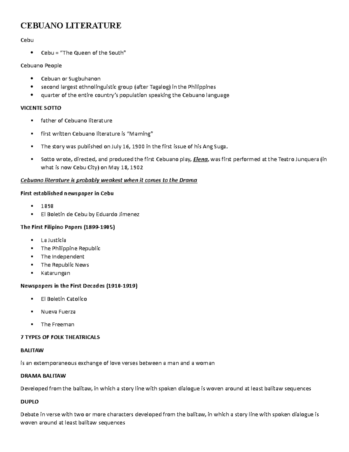 LIT1- Reviewer - CEBUANO LITERATURE Cebu Cebu = “The Queen of the South ...