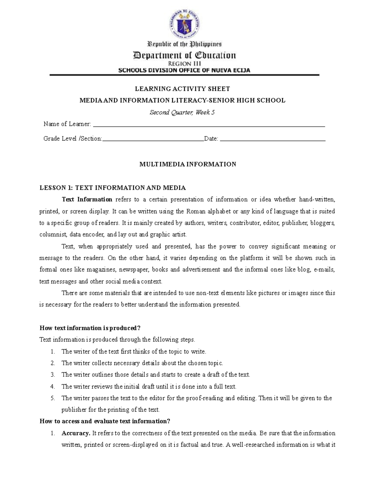 MIL LAS-Quarter-2-week-5 - LEARNING ACTIVITY SHEET MEDIA AND ...