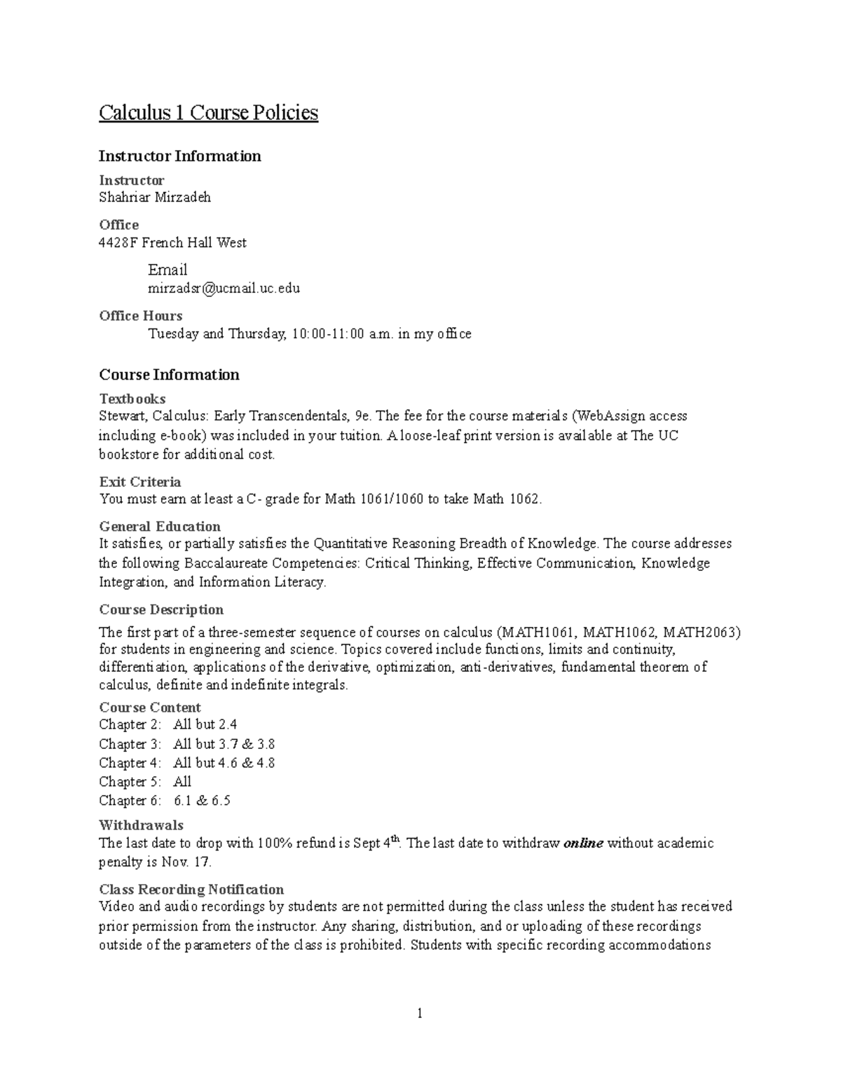 23FS Calculus 1 Course Policies - Calculus 1 Course Policies Instructor ...