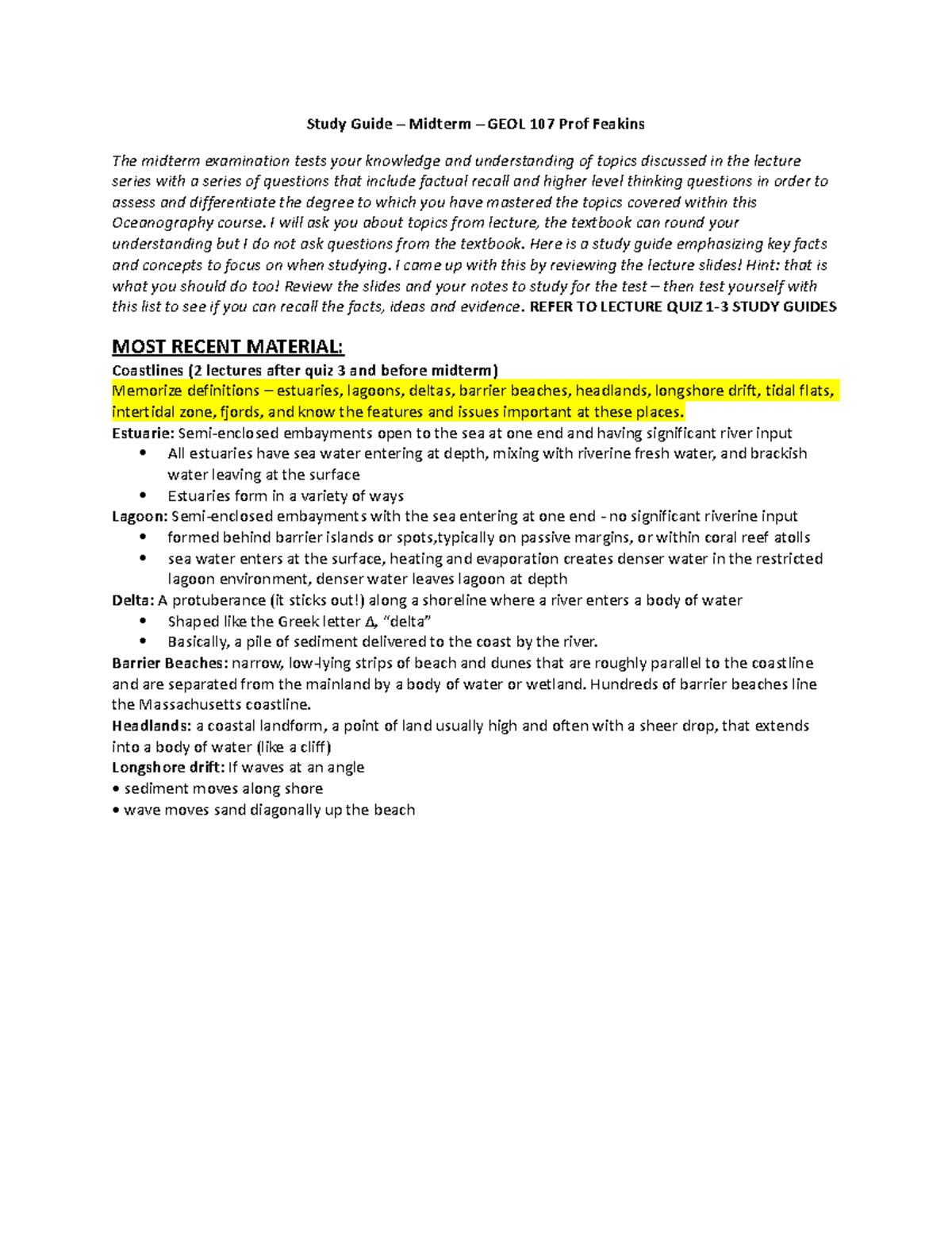 Oceans Study Guide - Study Guide – Midterm – GEOL 107 Prof Feakins The ...