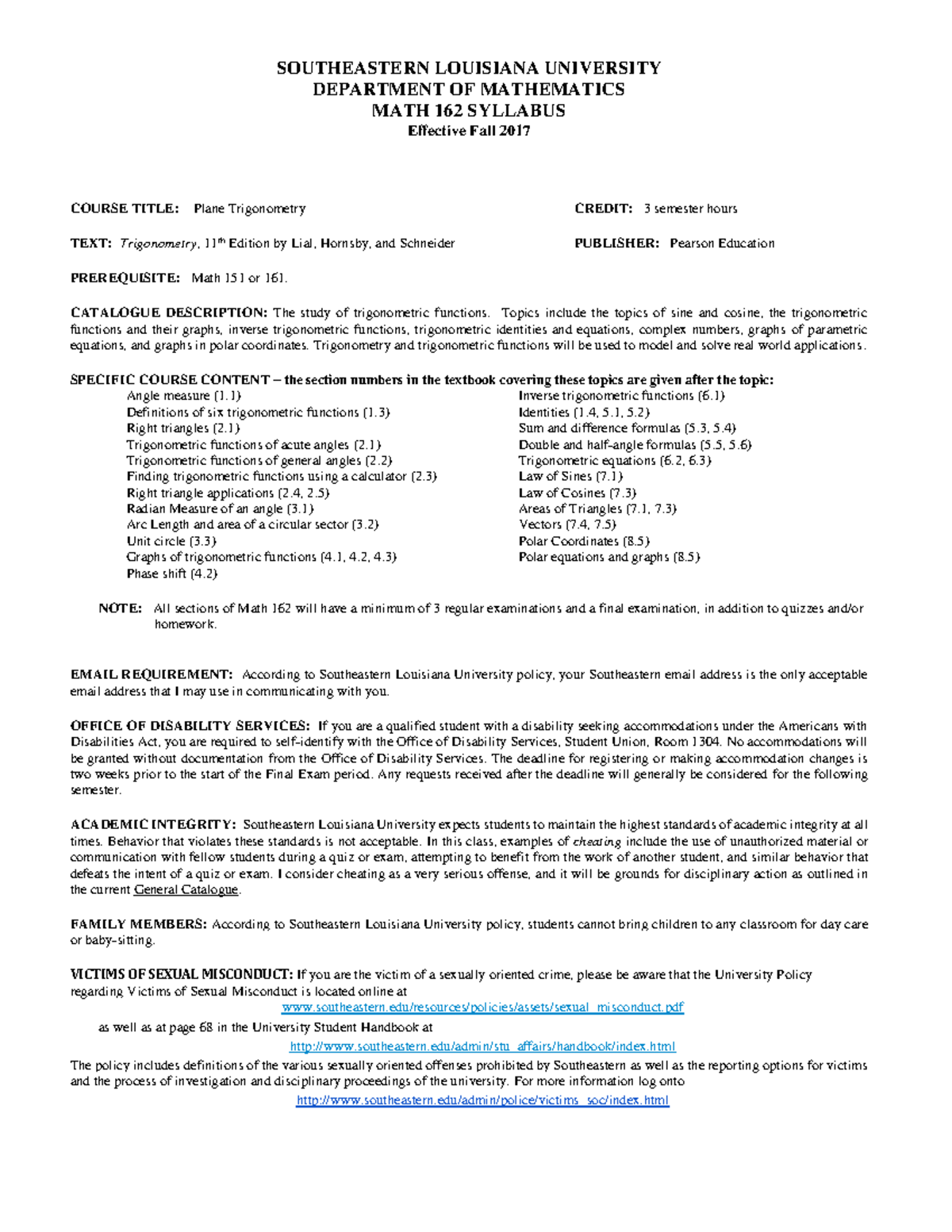 Math 162 - Syllabus assignments - SOUTHEASTERN LOUISIANA UNIVERSITY ...
