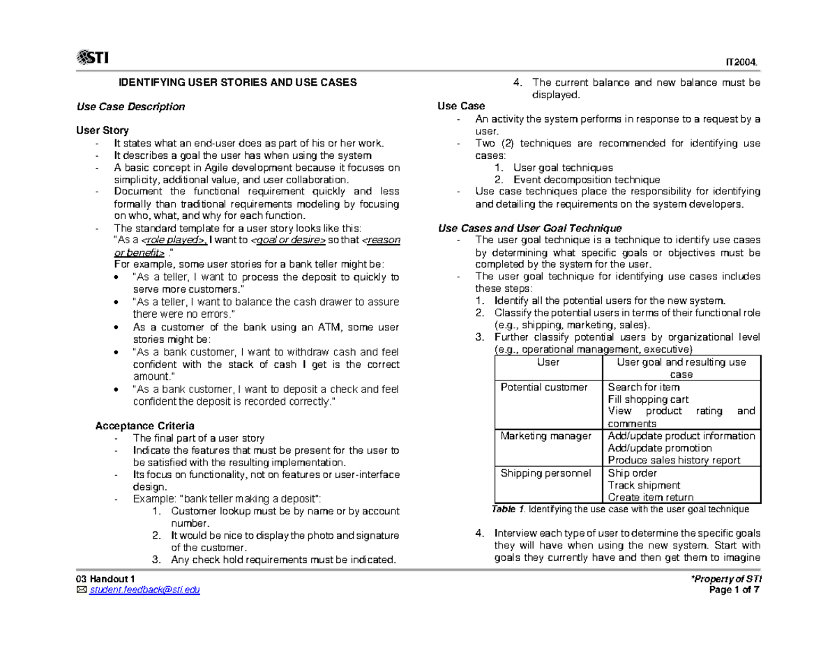 03 Handout 1 Notes In Pdf 03 Handout 1 Property Of Sti Identifying User Stories And Use 