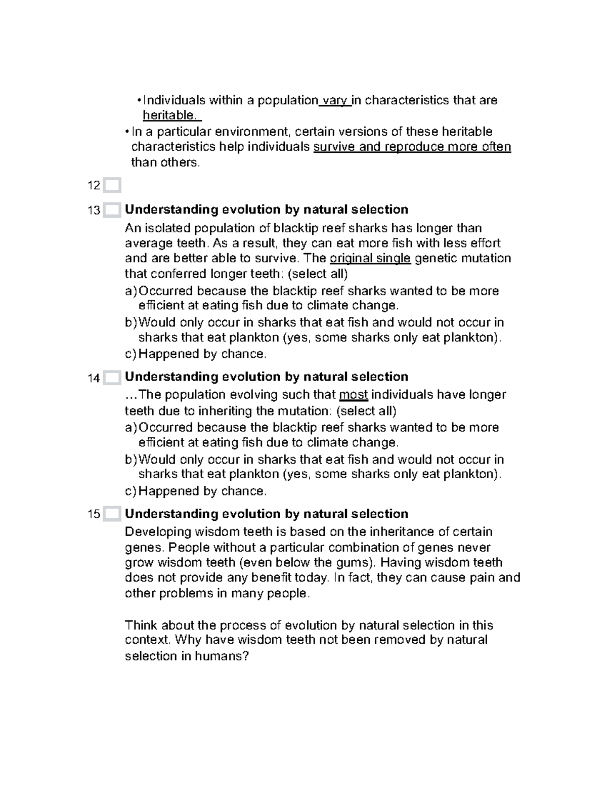 4 - Evolution Notes - Natural selection occurs when: Individuals within ...