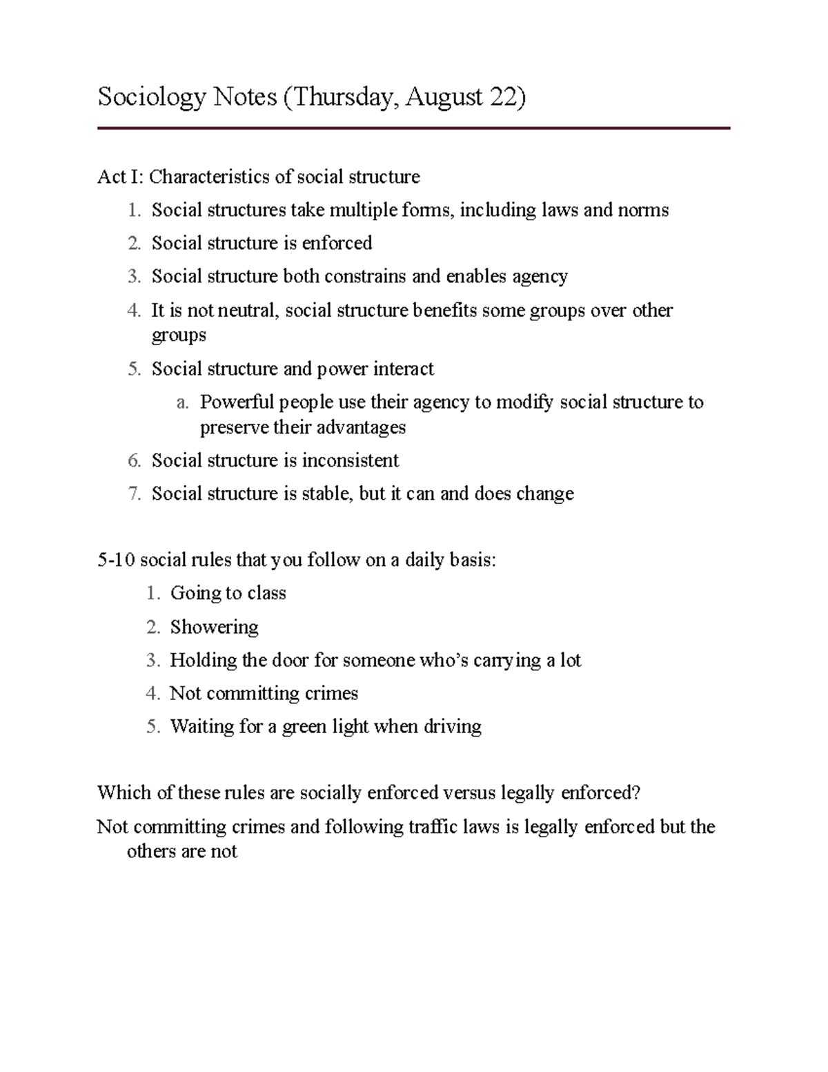 Sociology unit 1 lecture notes - Sociology Notes (Thursday, August 22 ...