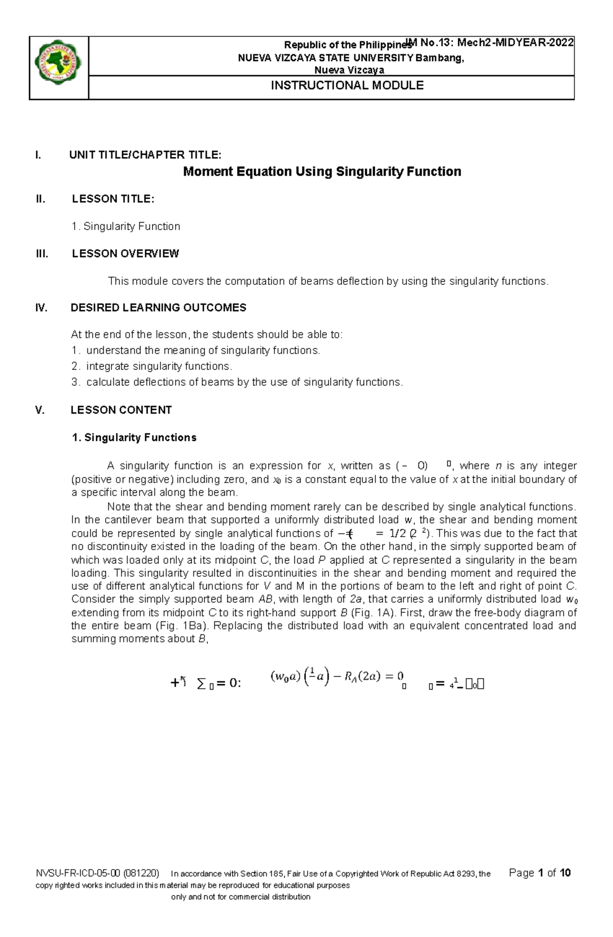 IM13 MECH 02 Moment Equation using Singularity Function - I. UNIT TITLE ...