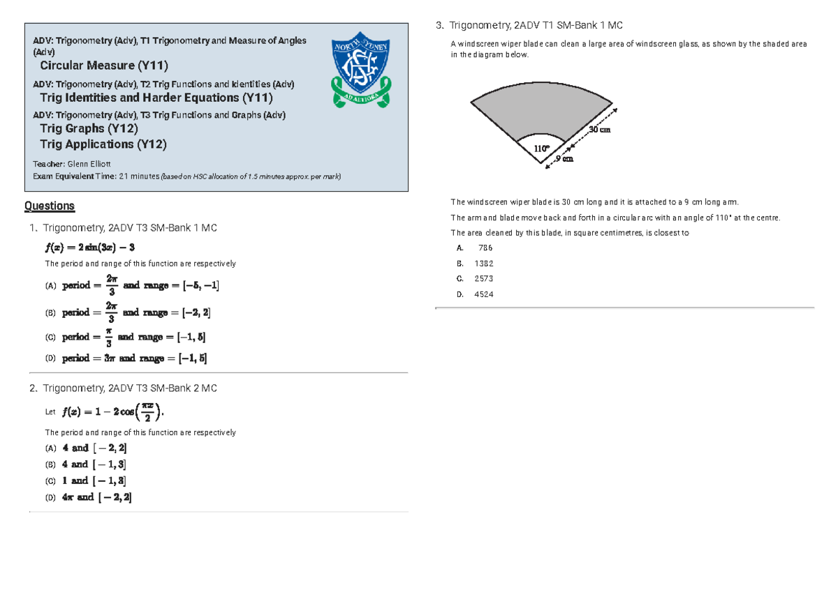 19 Trig Functions MC - 1. Trigonometry, 2ADV T3 SM-Bank 1 MC 2 ...