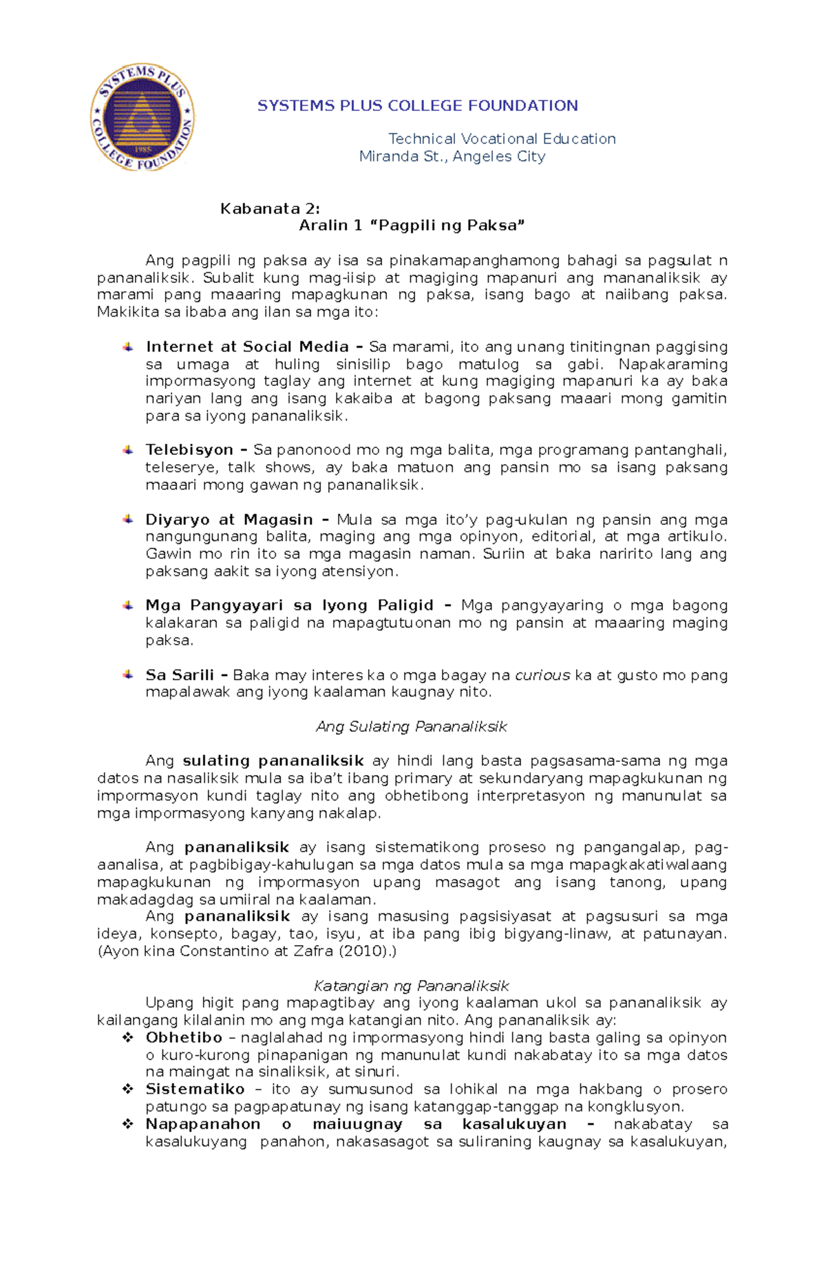 Pagpili ng Paksa - SYSTEMS PLUS COLLEGE FOUNDATION Technical Vocational ...