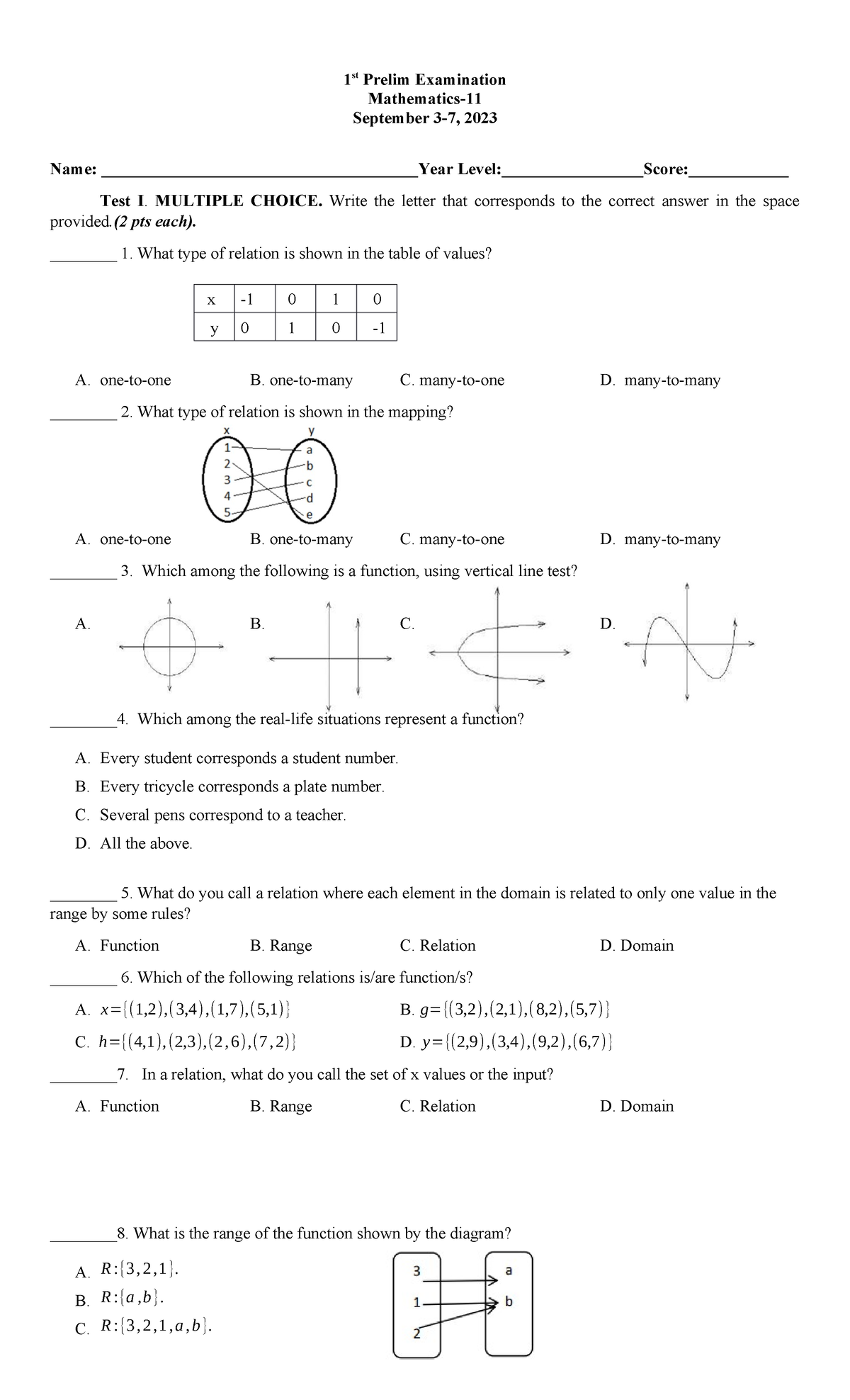 MATH 11 exam - General Mathematics - 1 st Prelim Examination ...