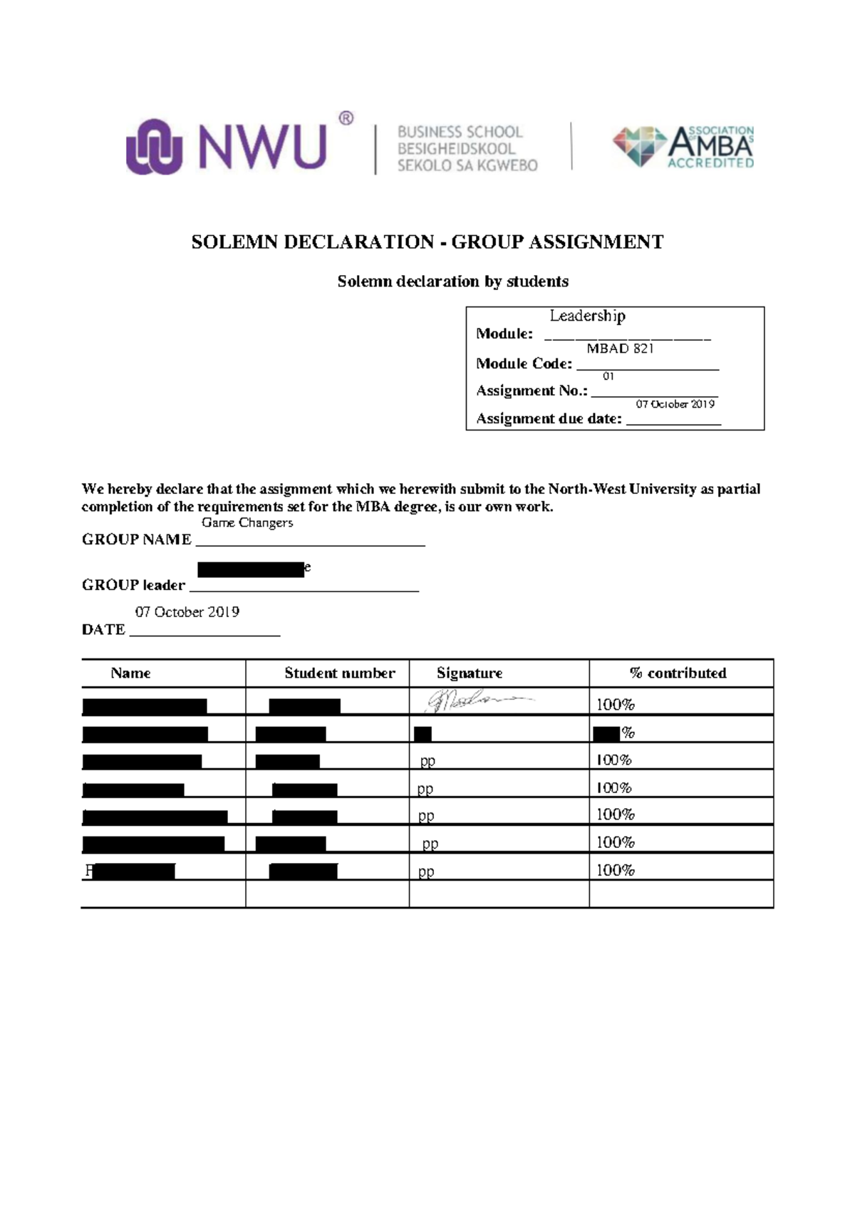 Game Changers Group Assignment Leadership Redacted - SOLEMN DECLARATION ...