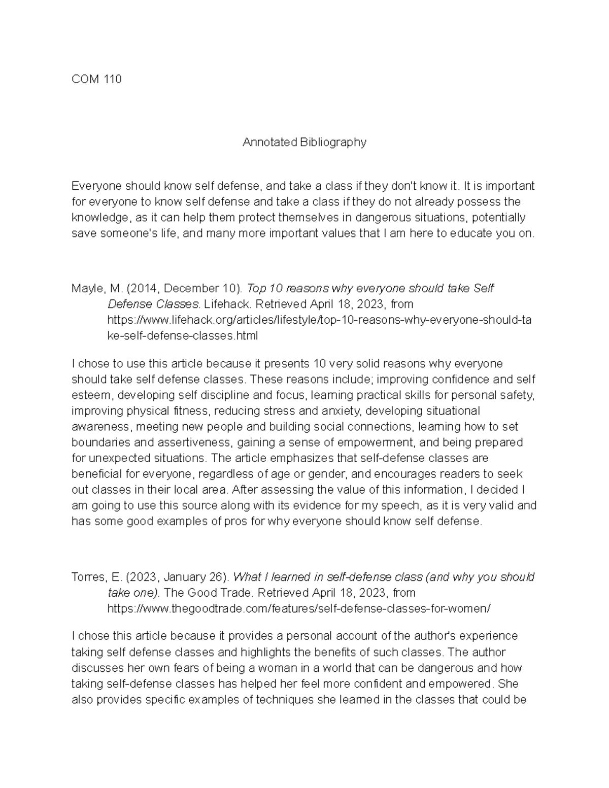 COM Annotated Bibliography 2 - COM 110 Annotated Bibliography Everyone ...