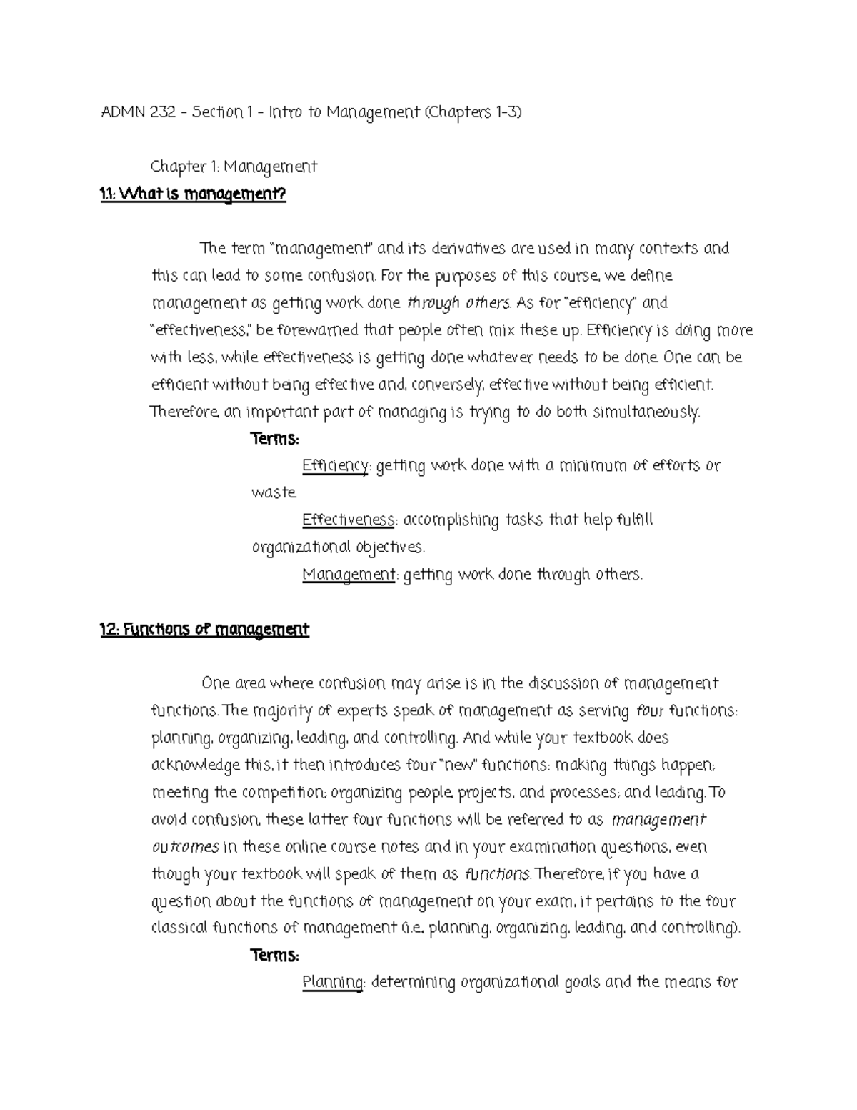 ADMN 232 - Section 1 - Intro to Management - For the purposes of this ...