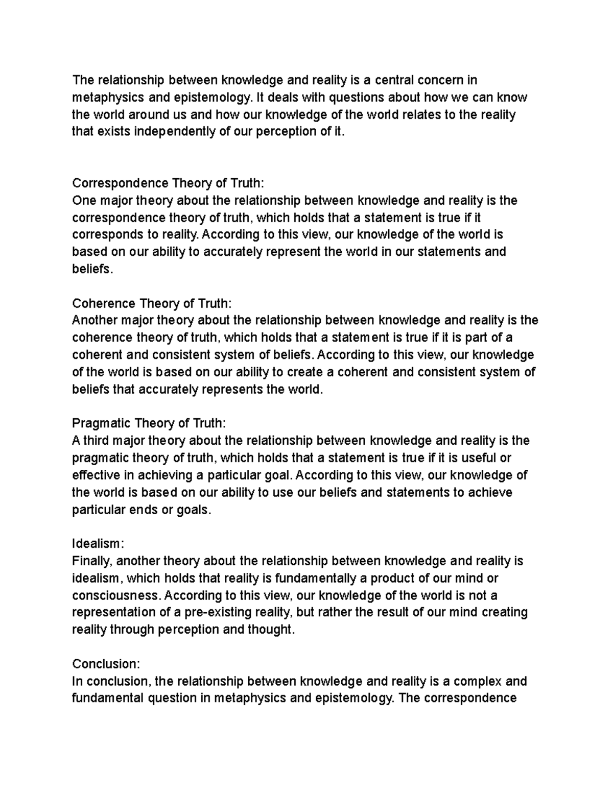 The Relationship between Knowledge and Reality - It deals with ...