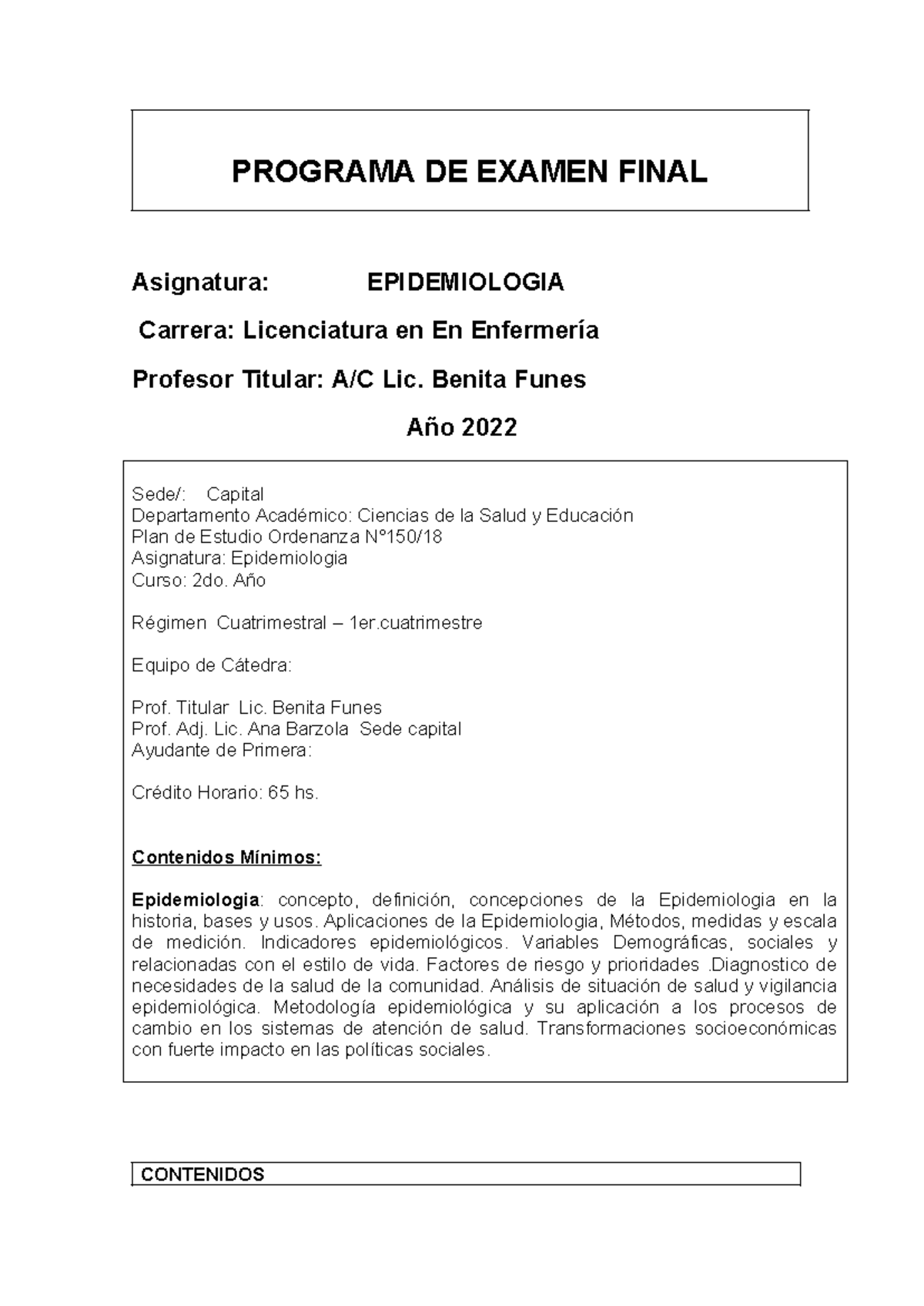 Programa Examen Final Epidemiologia 2022 E.U - PROGRAMA DE EXAMEN FINAL Asignatura ...