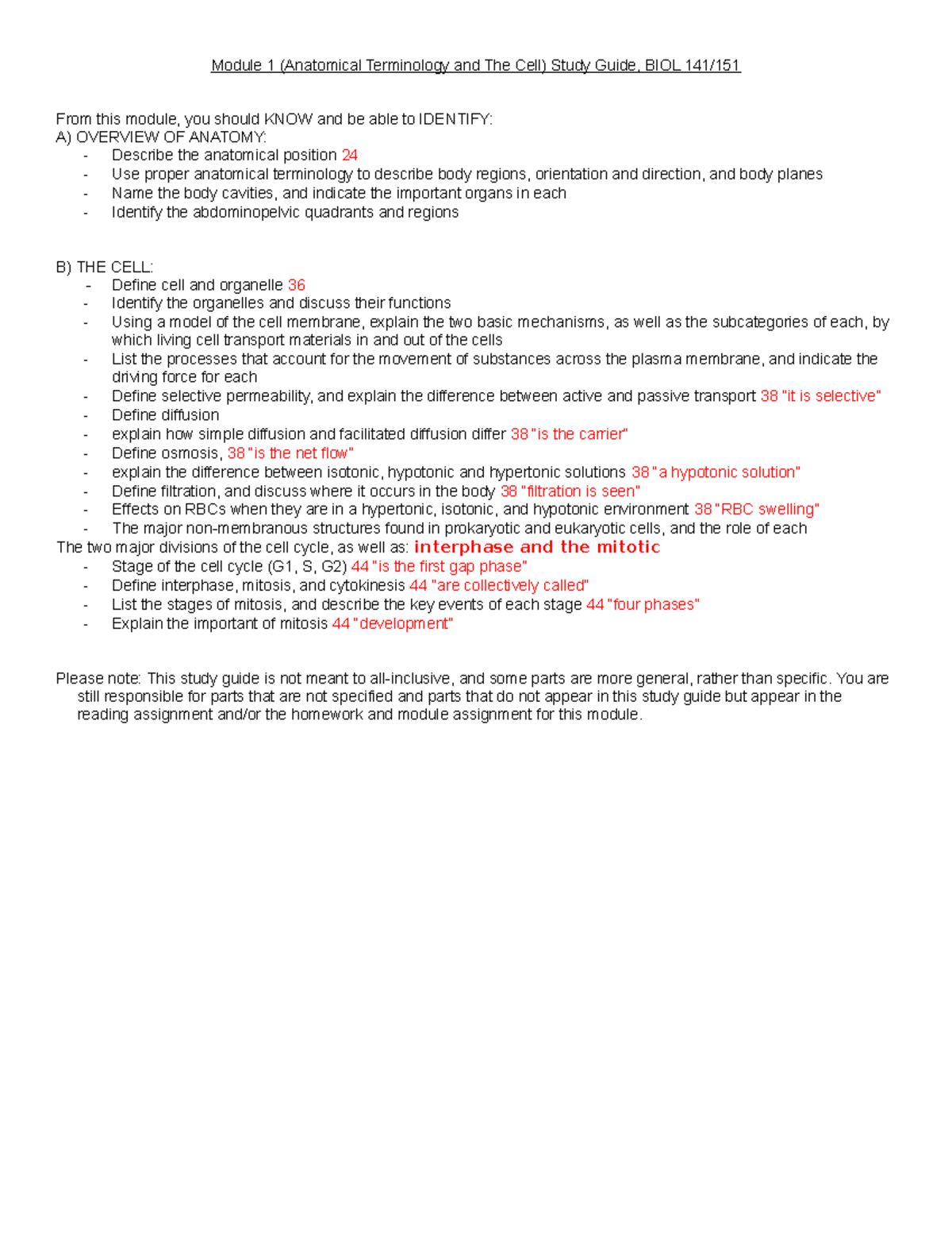 Mod 1 (Cell) Study Guide,-edited - Module 1 (Anatomical Terminology and ...