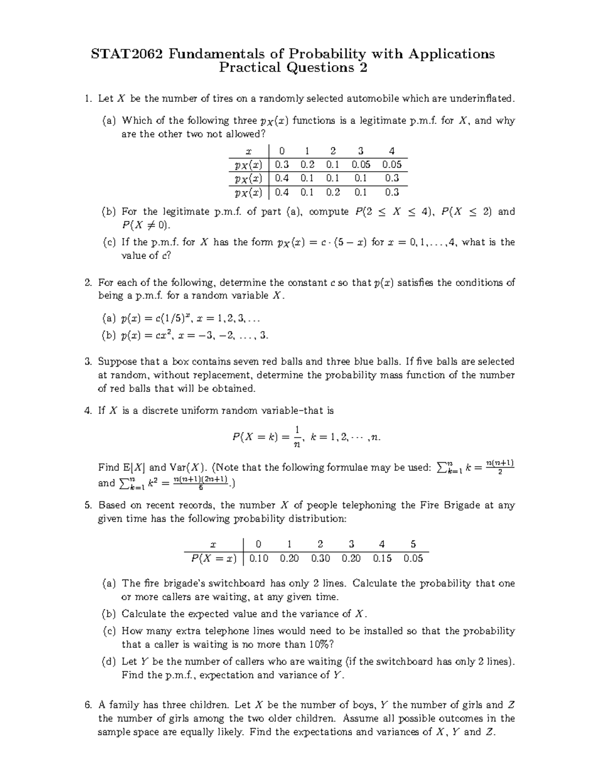 2022 Tutorial 2 - STAT2062 Fundamentals of Probability with Applications Practical Questions 2 ...