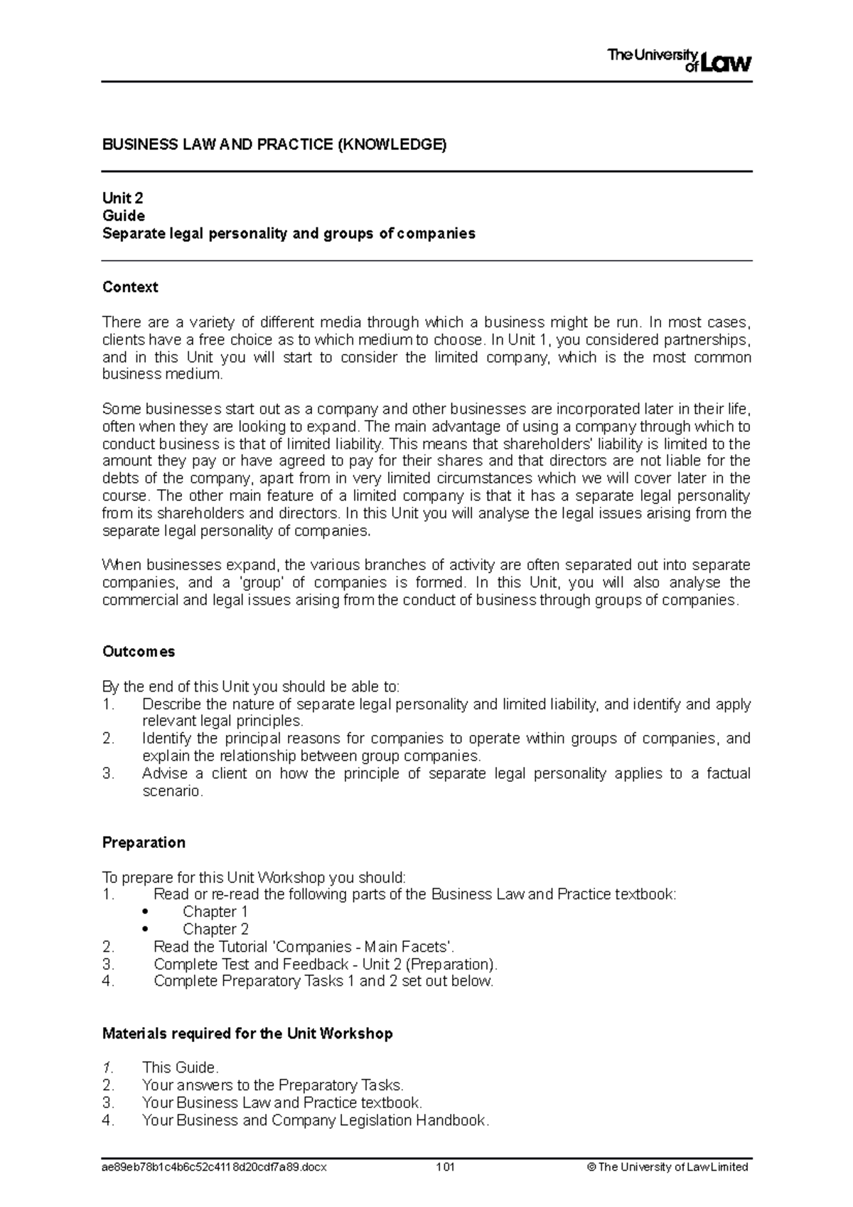 Ws 2 guide - BLP W2 - BUSINESS LAW AND PRACTICE (KNOWLEDGE) Unit 2 ...