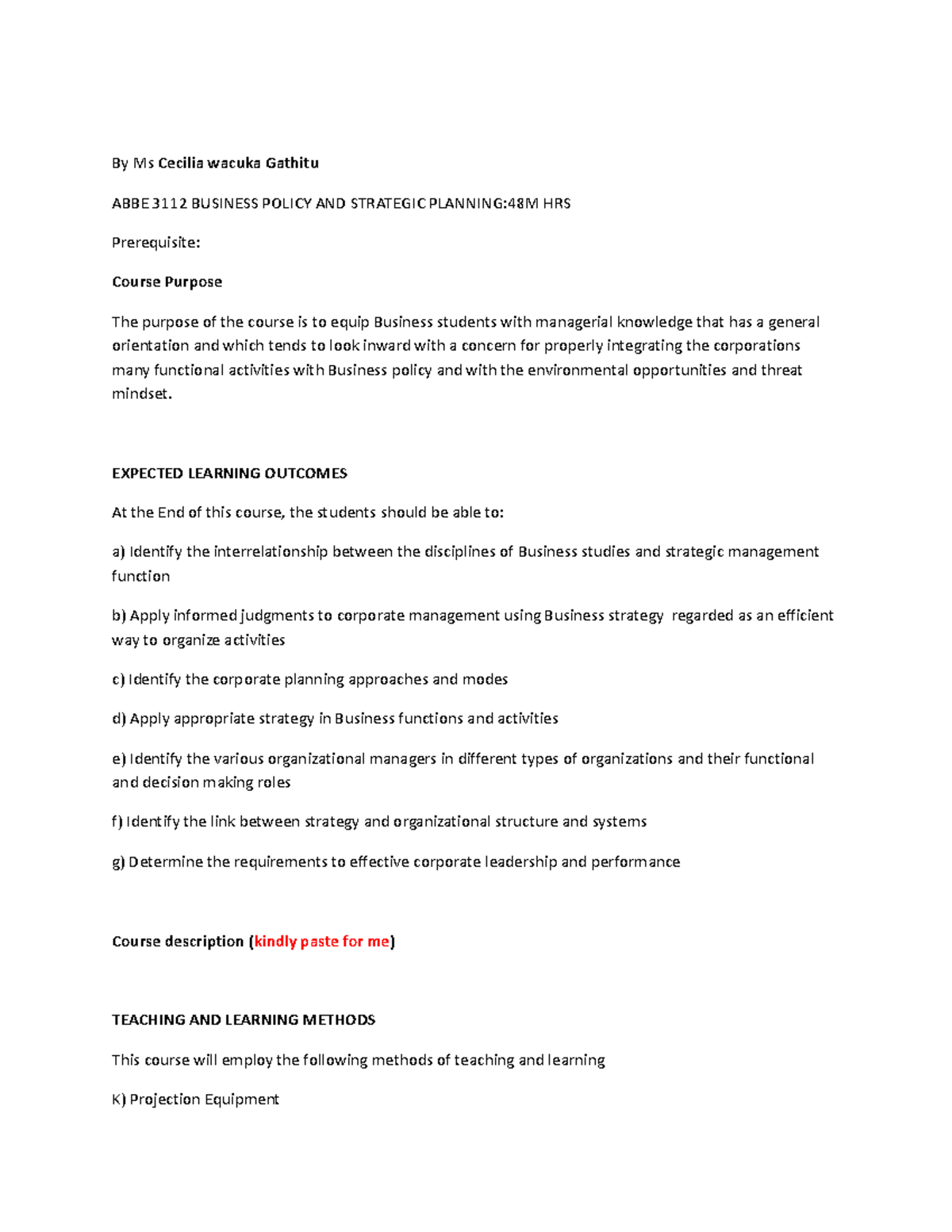 Business policy course outline - By Ms Cecilia wacuka Gathitu ABBE 3112 ...