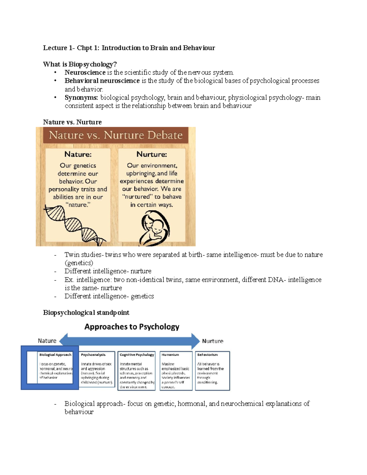 Lecture 1- Introduction to Brain and behaviour - Lecture 1- Chpt 1: Introduction to Brain and ...