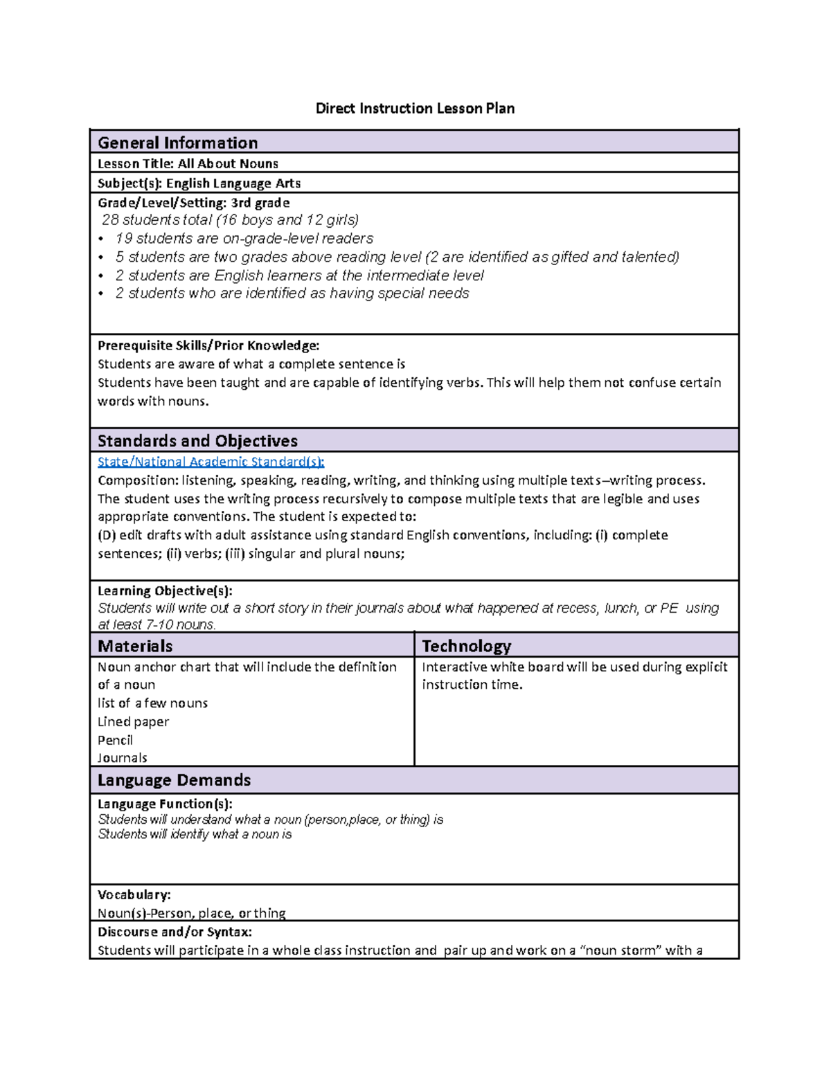 Lesson Plan For Task - Direct Instruction Lesson Plan General ...