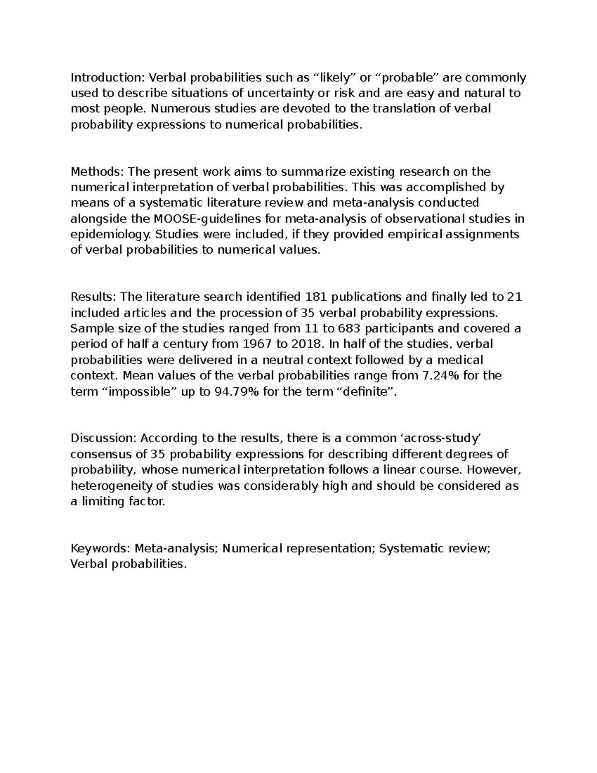 The Interpretation of Verbal Probabilities A Systematic Literature ...