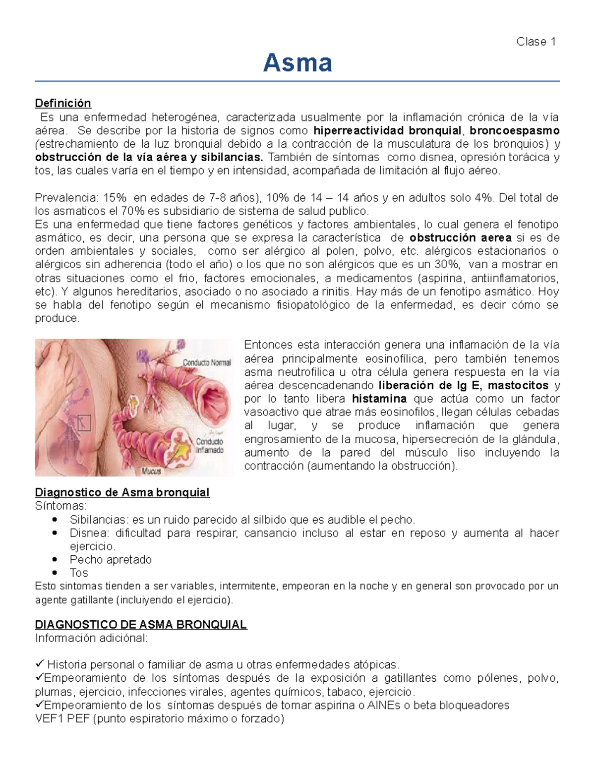 Clase 1 - Asma - Resumen de enfermedades respiratoria. - Clase 1 Asma ...
