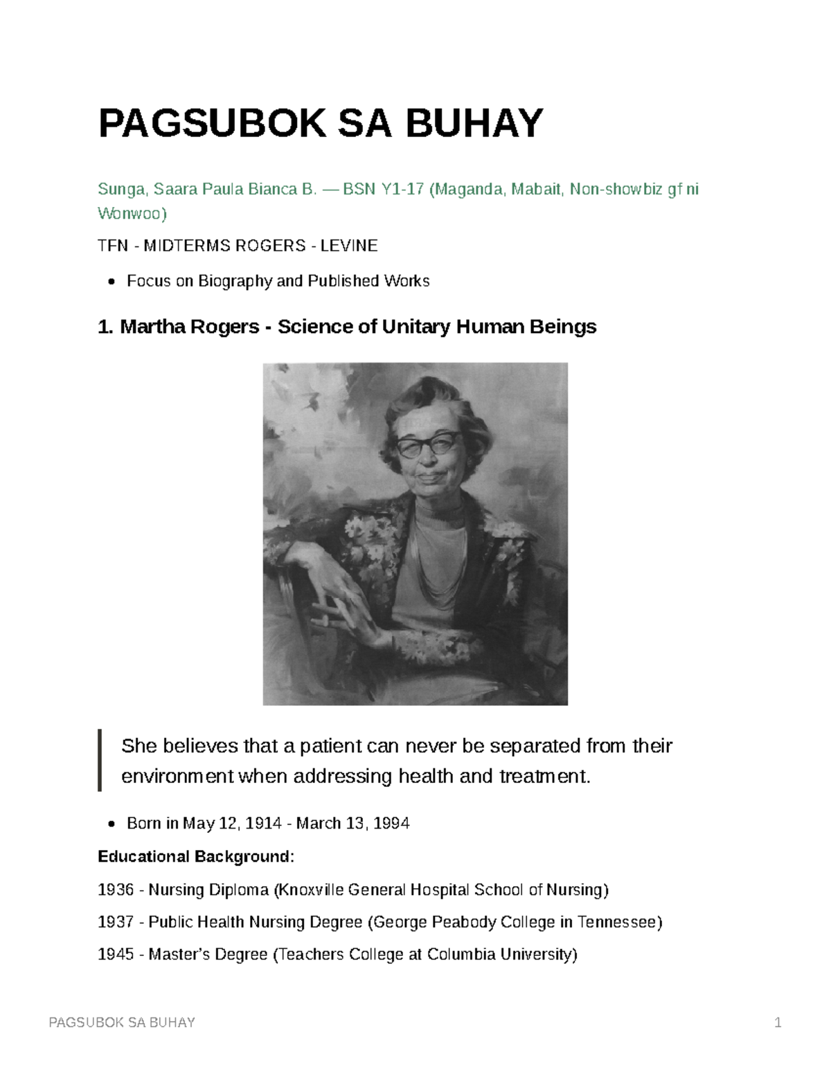TFN Midterm - PAGSUBOK SA BUHAY Sunga, Saara Paula Bianca B. — BSN Y1 ...