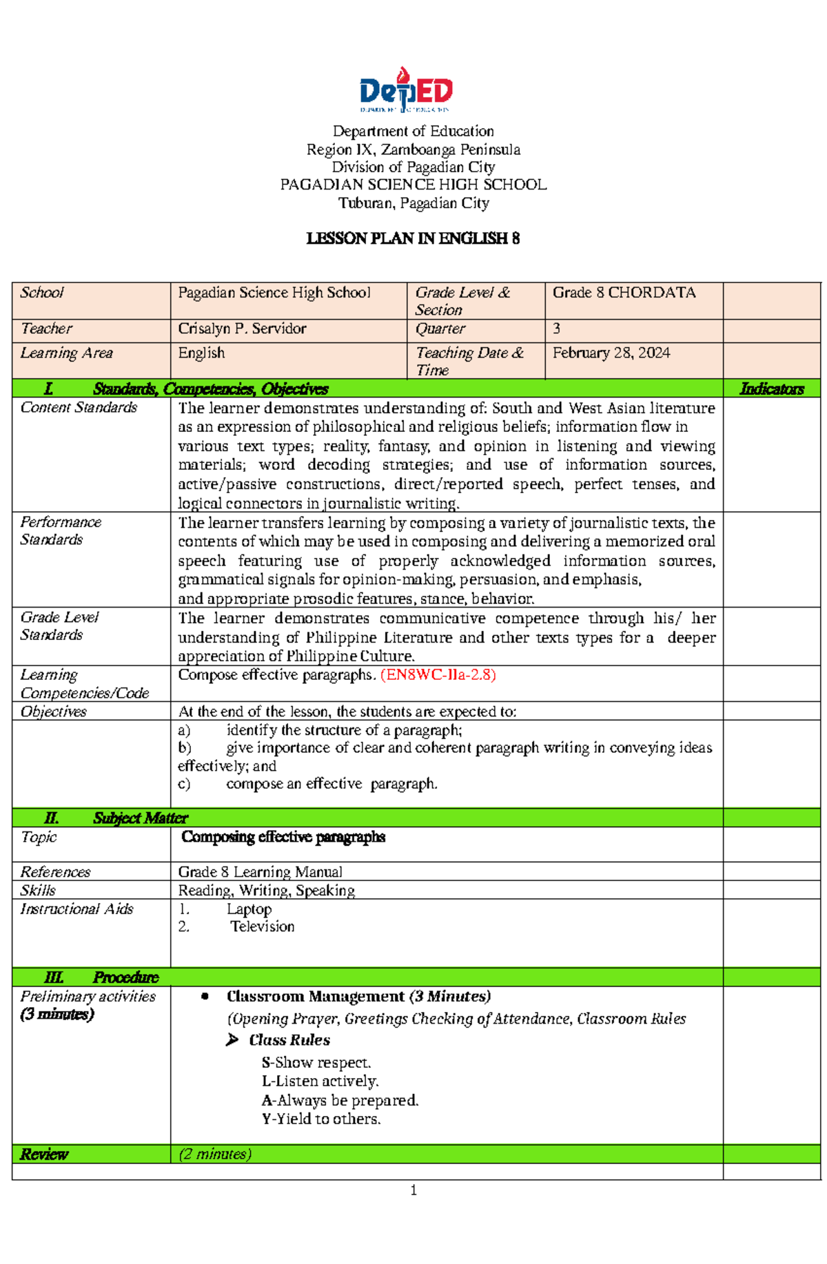 Lesson PLAN IN Social, Moral AND Economic Issues - Department of ...